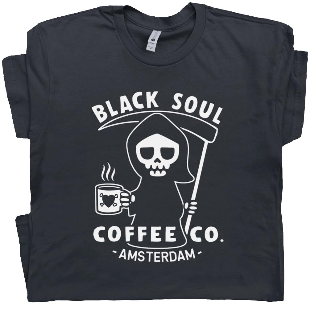 XL - Black Soul Coffee T Shirt Cool Vintage Amsterdam Shirt for Men Women Weird Funny Retro Death Coffee Graphic Tee