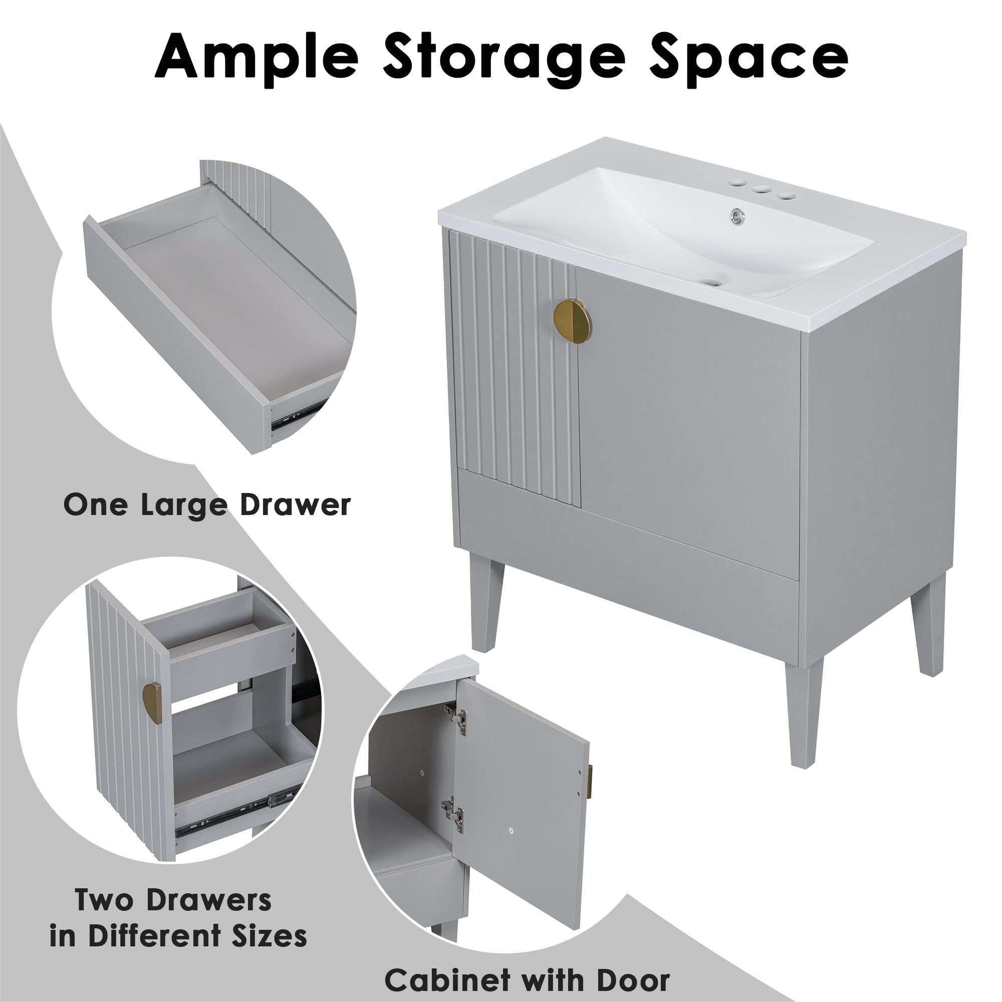 PIETFIU 30" Bathroom Vanity with Sink Combo, Freestanding Bathroom Cabinet with Door and Drawers, Solid Frame,GoldenMetal Handle (Grey, 30 Inch)