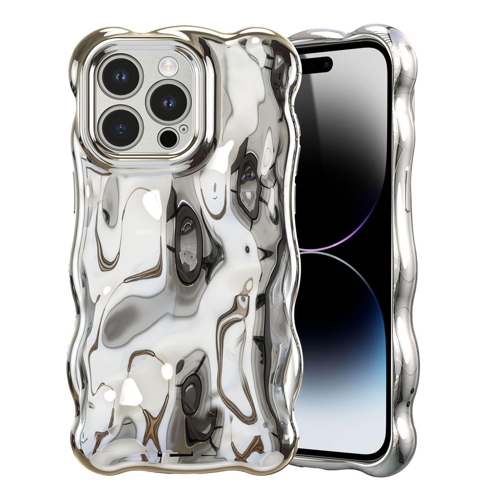 UEEBAI Ripple Case for iPhone 14 Pro Max, Cute Silver Cover Wave Shape for iPhone Case Pretty Aesthetic 3D Phone Cover, Water Ripple Shell 3D Chrome Design for Women and Girl, Silver