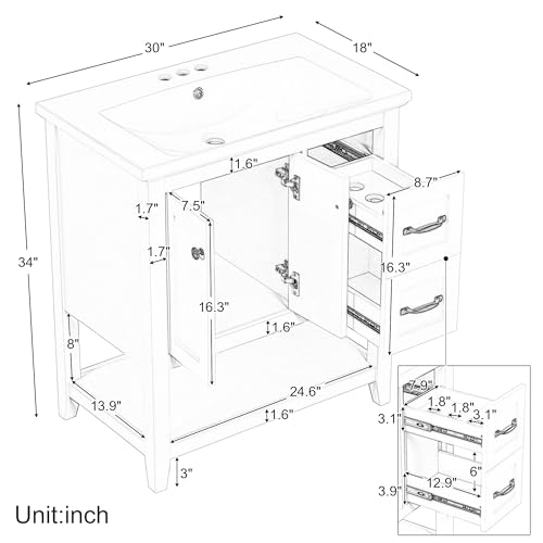 30 Inch Bathroom Vanity Cabinet with Ceramic Sink, Two-in-one Functional Drawer, Sold Wood Legs, White