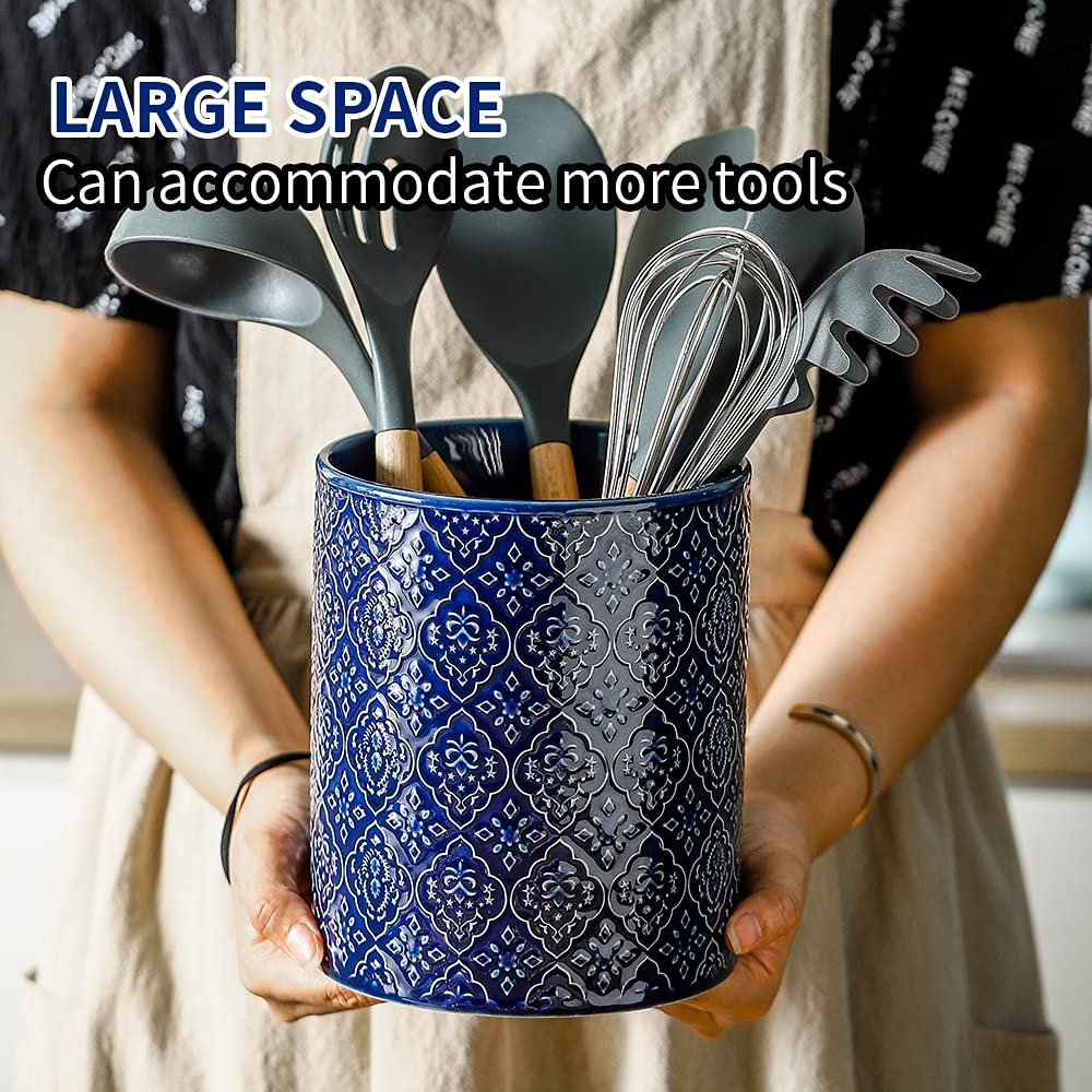 KOOV Kitchen Utensil Holder, Large Utensil Holders for Countertop, 6 x 7 Inches Ceramic Utensil Crock, Deep and Stable, Cooking Utensil Holder, Embossed Pattern (BLue)