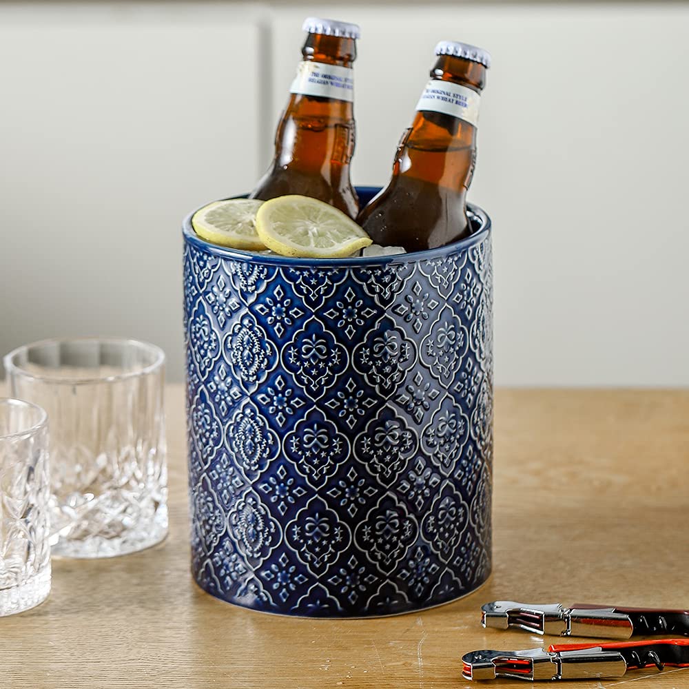 KOOV Kitchen Utensil Holder, Large Utensil Holders for Countertop, 6 x 7 Inches Ceramic Utensil Crock, Deep and Stable, Cooking Utensil Holder, Embossed Pattern (BLue)