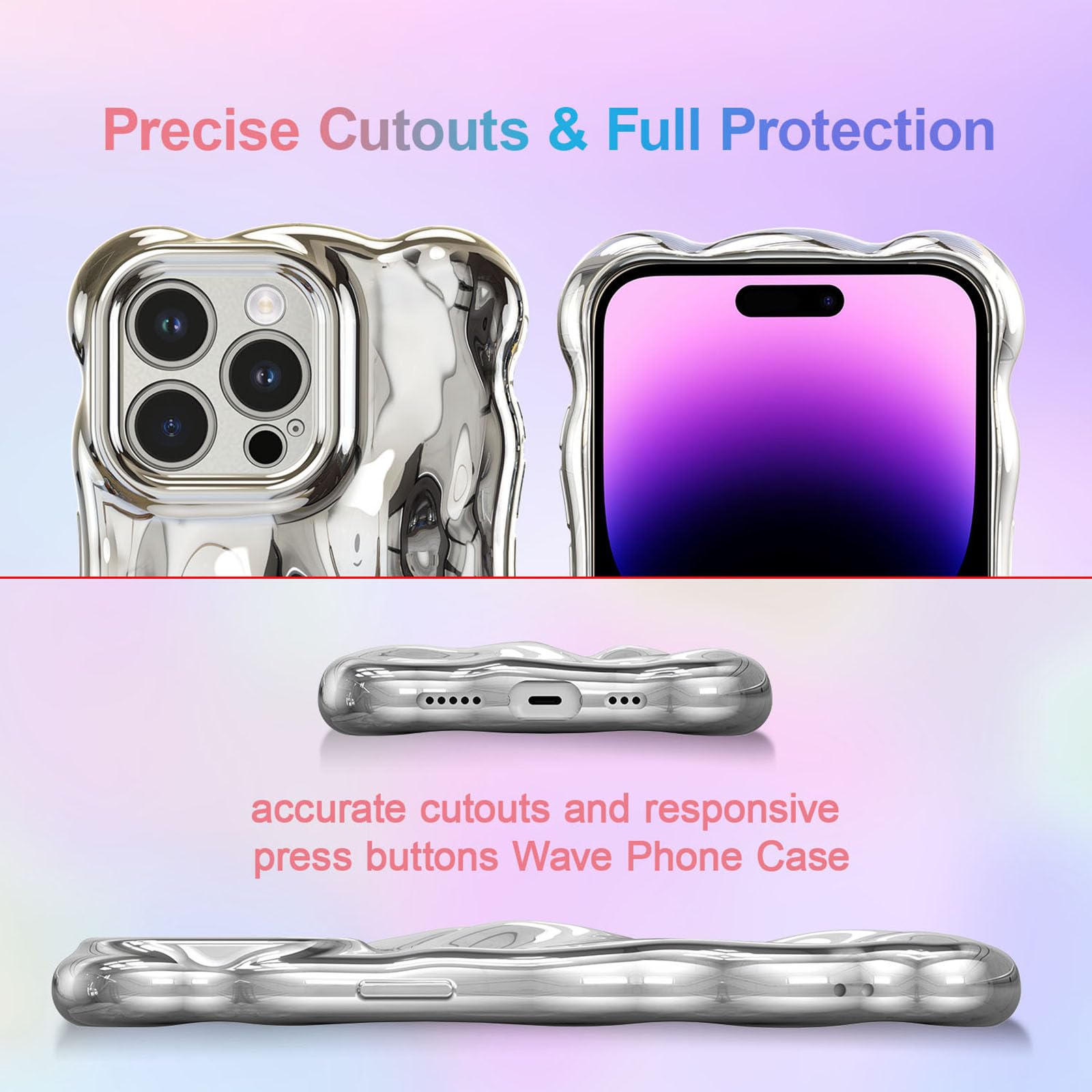 UEEBAI Ripple Case for iPhone 14 Pro Max, Cute Silver Cover Wave Shape for iPhone Case Pretty Aesthetic 3D Phone Cover, Water Ripple Shell 3D Chrome Design for Women and Girl, Silver