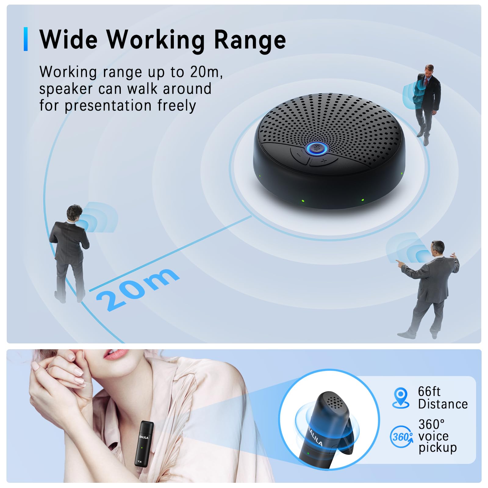 Conference Speakerphone, BALILA Wireless Conference Speaker with 5 Microphones, Portable Omnidirectional Computer Microphone for Streaming, Call Speaker Skype, Webinar, Interview