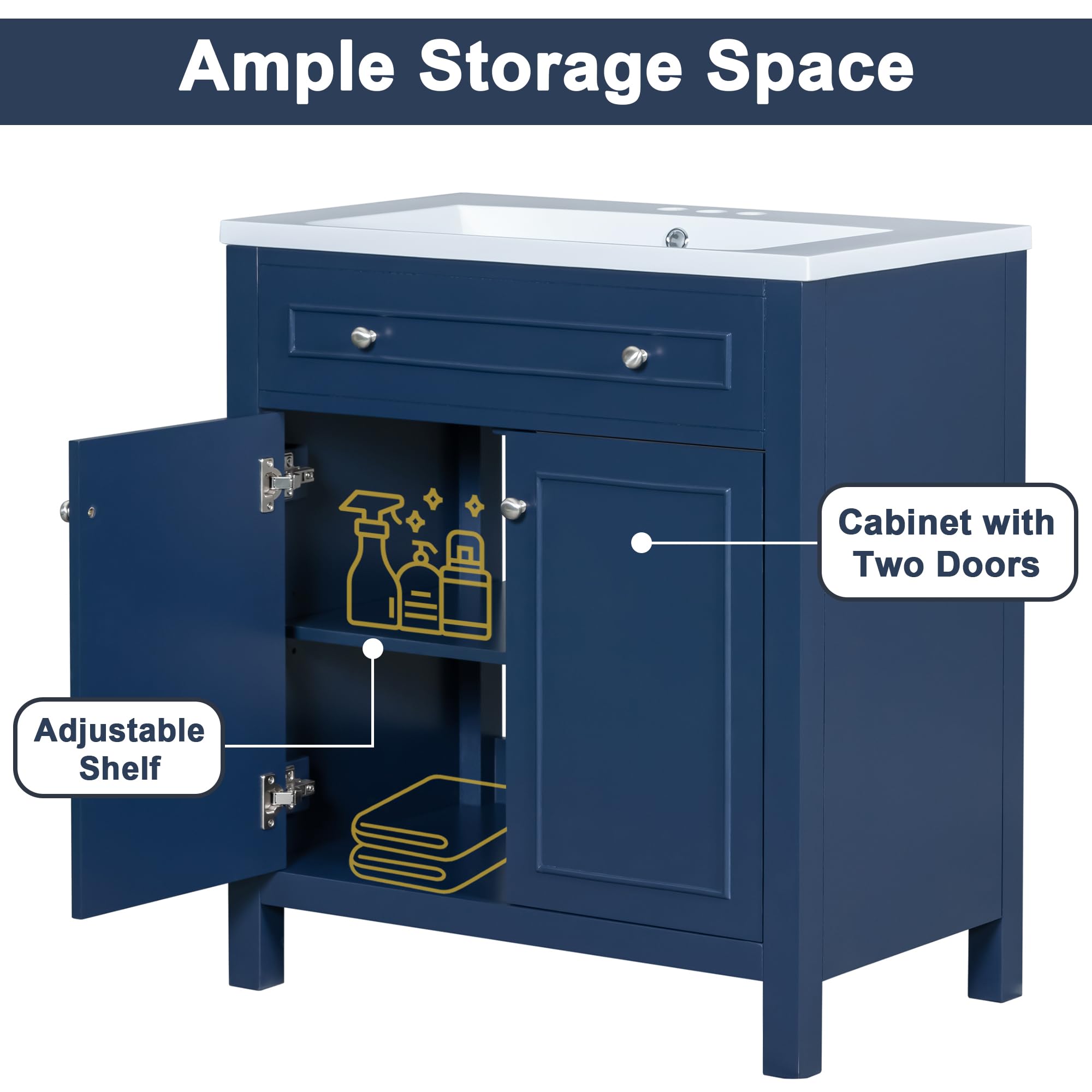Bellemave 30" Bathroom Vanity with Sink, Bathroom Vanity Set with Two Doors and Adjustable Shelf, Bathroom Vanity and Basin Sink Combo for Bathroom (Blue)