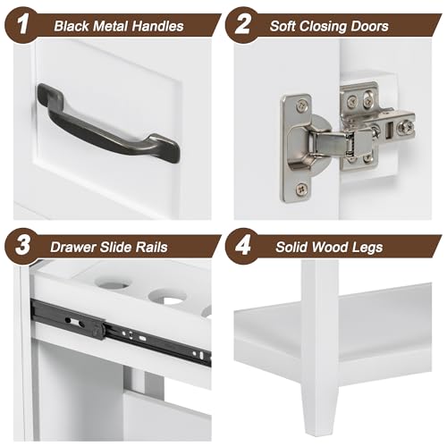 30 Inch Bathroom Vanity Cabinet with Ceramic Sink, Two-in-one Functional Drawer, Sold Wood Legs, White