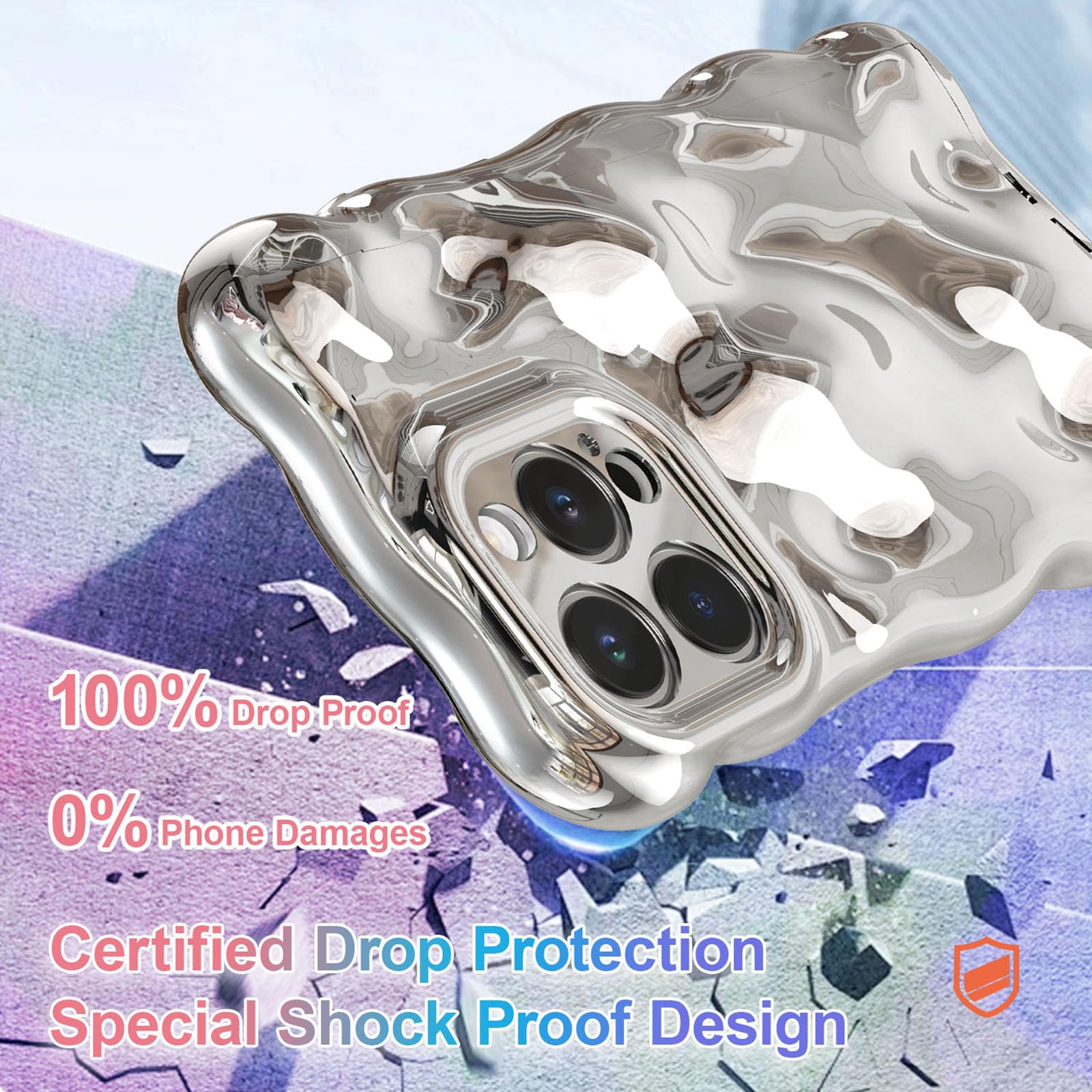 UEEBAI Ripple Case for iPhone 14 Pro Max, Cute Silver Cover Wave Shape for iPhone Case Pretty Aesthetic 3D Phone Cover, Water Ripple Shell 3D Chrome Design for Women and Girl, Silver