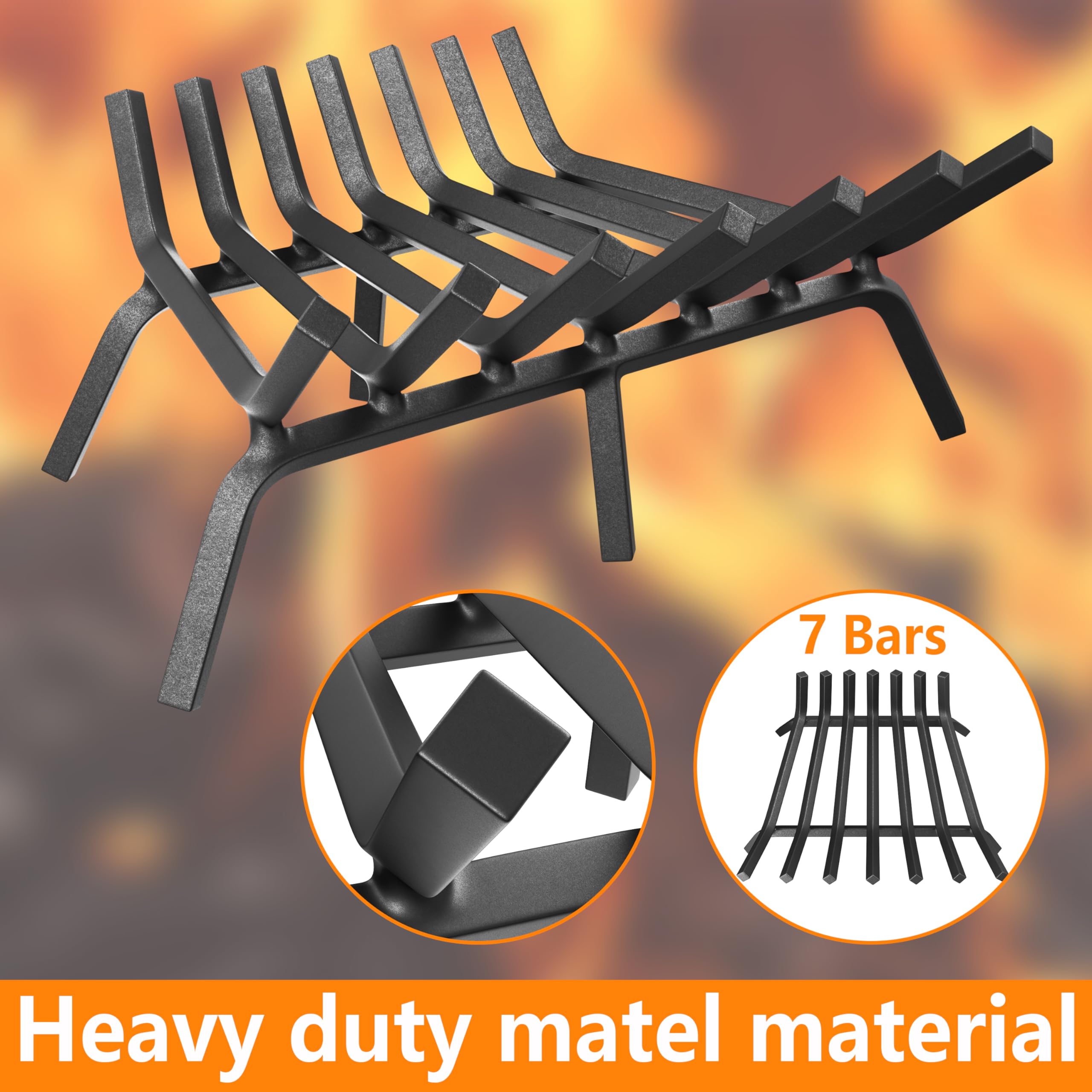 Mr IRONSTONE Fireplace Grate 21 inch Solid Steel Heavy Duty Fireplace Log Grates 3/4" Bar Grates Outdoor/Indoor Wrought Iron Burning Rack Holder