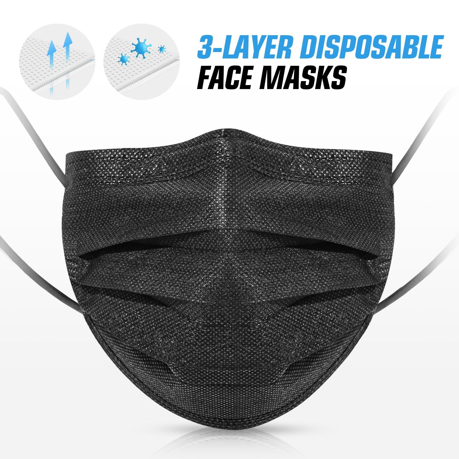 50 PCS Black Disposable Face Masks 3-Ply Filter Earloop Mouth Cover, Face Mask