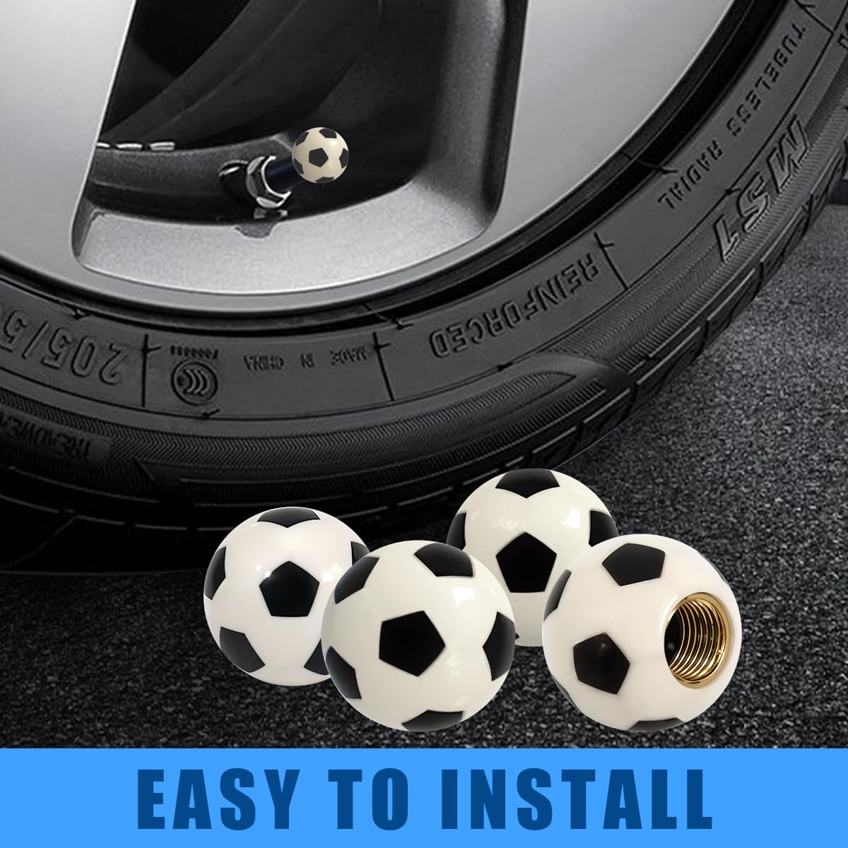 QILISEN Car Tire Valve Caps 4 Pack, Soccer Ball Valve Stem Covers Built-in Brass Core, Universal Tire Caps Suitable for Cars, Trucks, SUVs