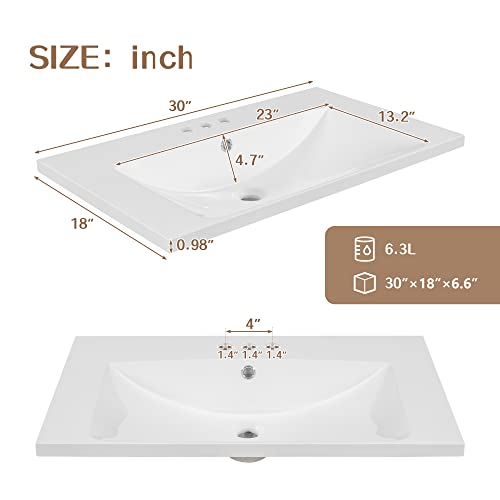 30 Inch Bathroom Vanity Cabinet with Ceramic Sink, Two-in-one Functional Drawer, Sold Wood Legs, White