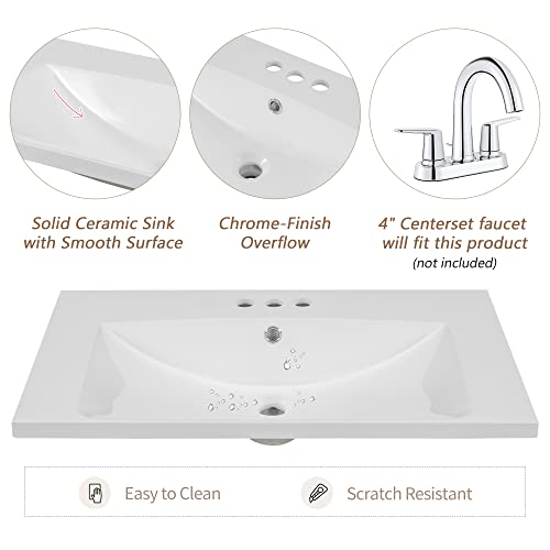 30 Inch Bathroom Vanity Cabinet with Ceramic Sink, Two-in-one Functional Drawer, Sold Wood Legs, White