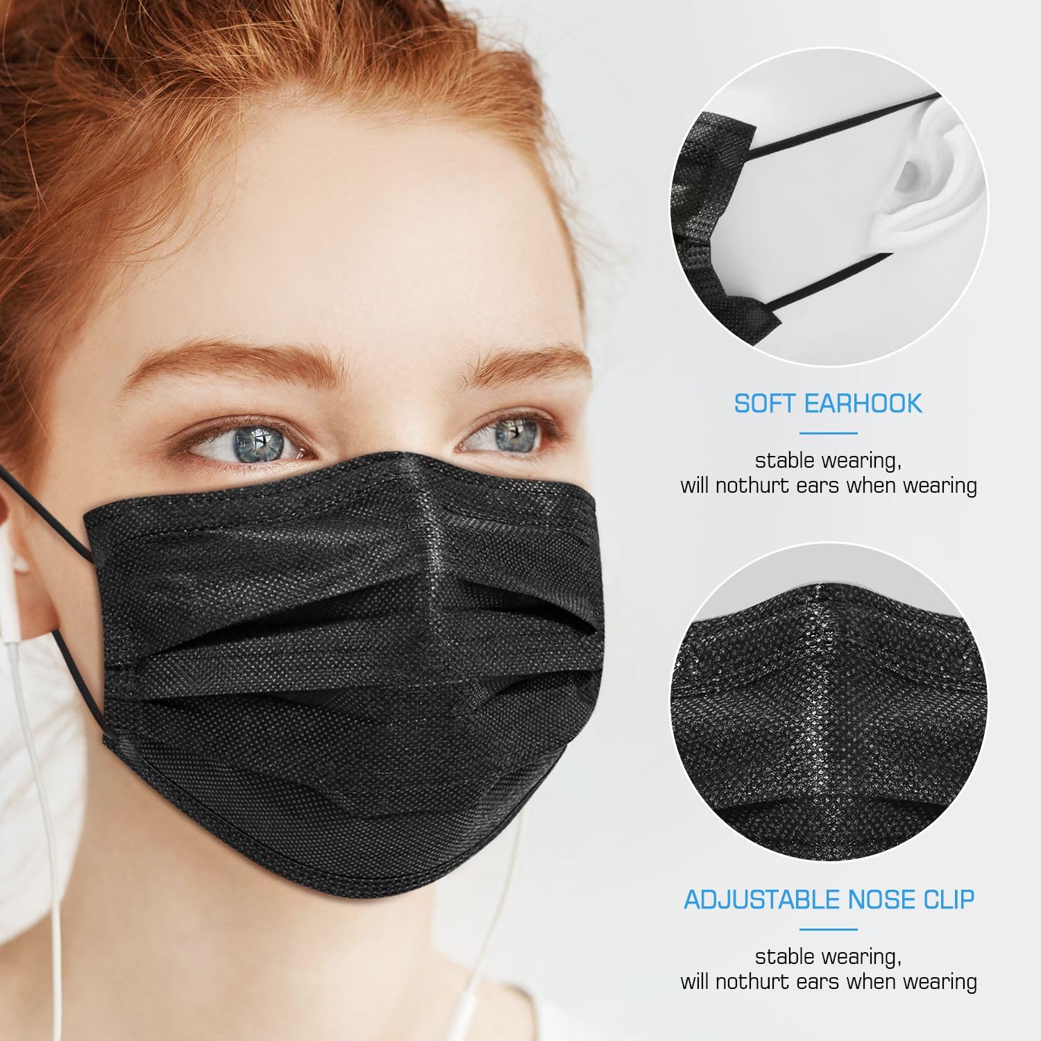 50 PCS Black Disposable Face Masks 3-Ply Filter Earloop Mouth Cover, Face Mask