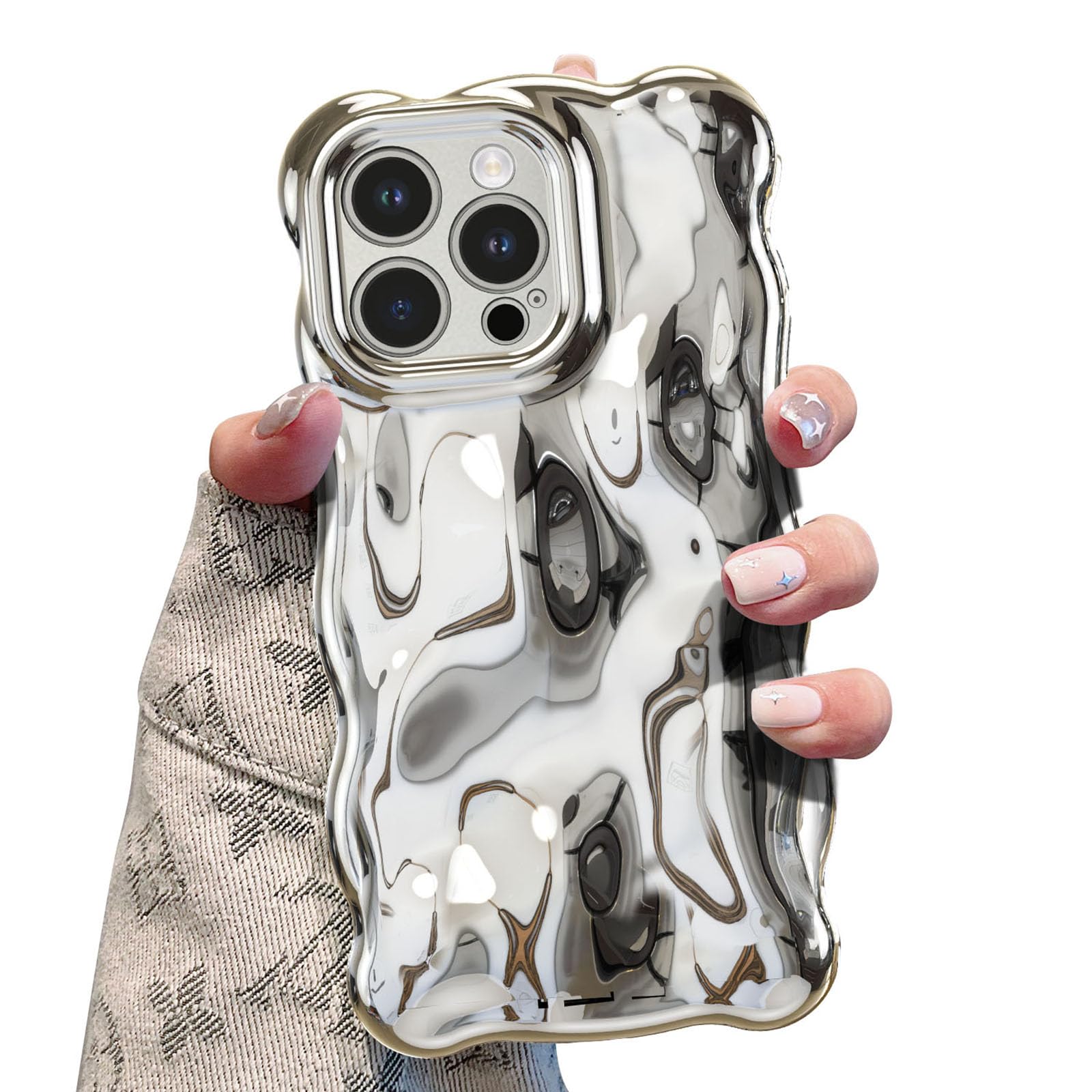 UEEBAI Ripple Case for iPhone 14 Pro Max, Cute Silver Cover Wave Shape for iPhone Case Pretty Aesthetic 3D Phone Cover, Water Ripple Shell 3D Chrome Design for Women and Girl, Silver