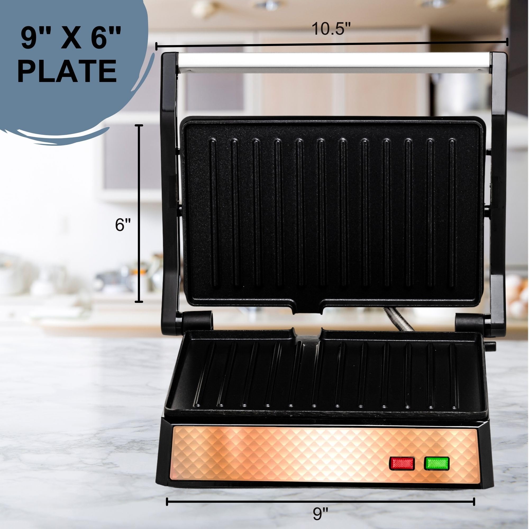 Ovente Electric Indoor Panini Press Grill with Non-Stick Cooking Plate, 1000W Thermostat Control and Removable Drip Tray for Easy Clean, Ideal 2-Slice Sandwich Maker for Breakfast, Copper GP0620CO