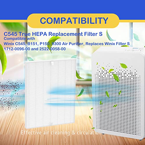 C545 True HEPA Replacement Filter S Compatible with Winix C545, B151, P150, 9300 Air Cleaner Purifier, Replaces Winix Filter S 1712-0096-00 and 2522-0058-00, 4 Pack H13 Filters
