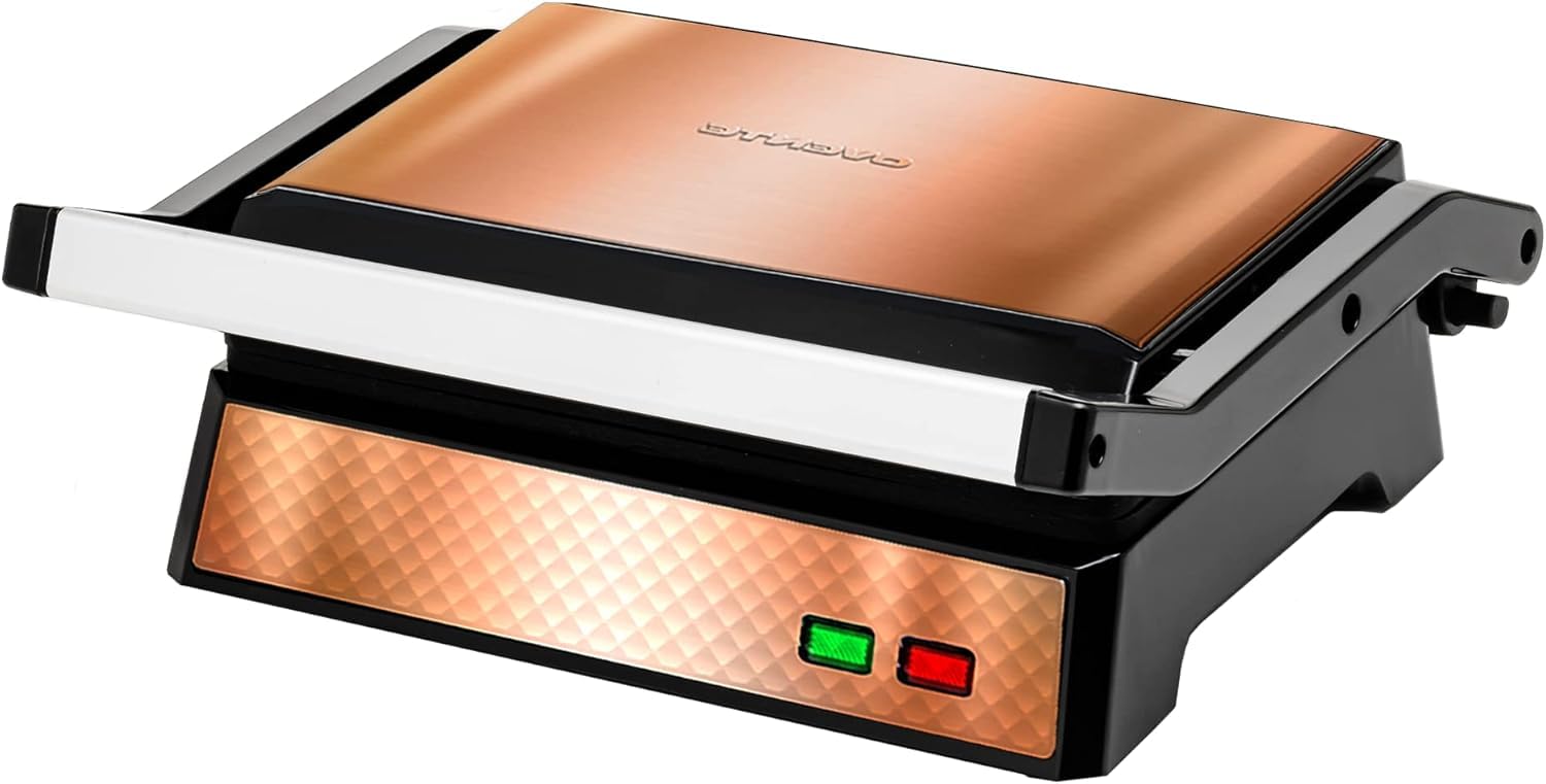 Ovente Electric Indoor Panini Press Grill with Non-Stick Cooking Plate, 1000W Thermostat Control and Removable Drip Tray for Easy Clean, Ideal 2-Slice Sandwich Maker for Breakfast, Copper GP0620CO