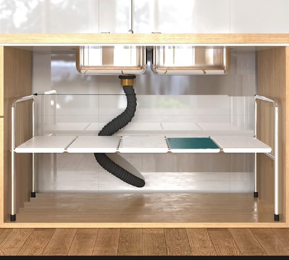 Kitchen Sink Shelf，Height and width Adjustable，Retractable Cabinets Single-layer Spice Rack，Depth 35cm，Width >86cm，5 Pcs Boards，Pot Storage Rack，Cabinet、Kitchen Storage Rack (White)