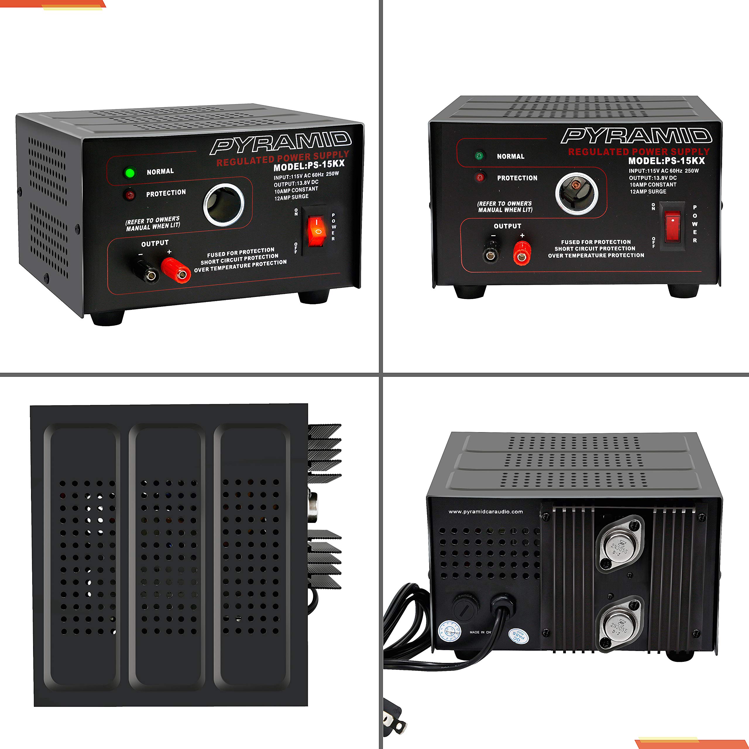 Pyramid Universal Compact Bench Power Supply - 10 Amp Linear Regulated Home Lab Benchtop AC-to-DC Converter w/ 13.8 Volt DC 115V AC 250W Input, Screw Type Terminal, 12V Car Cigarette Lighter-PS15K.5