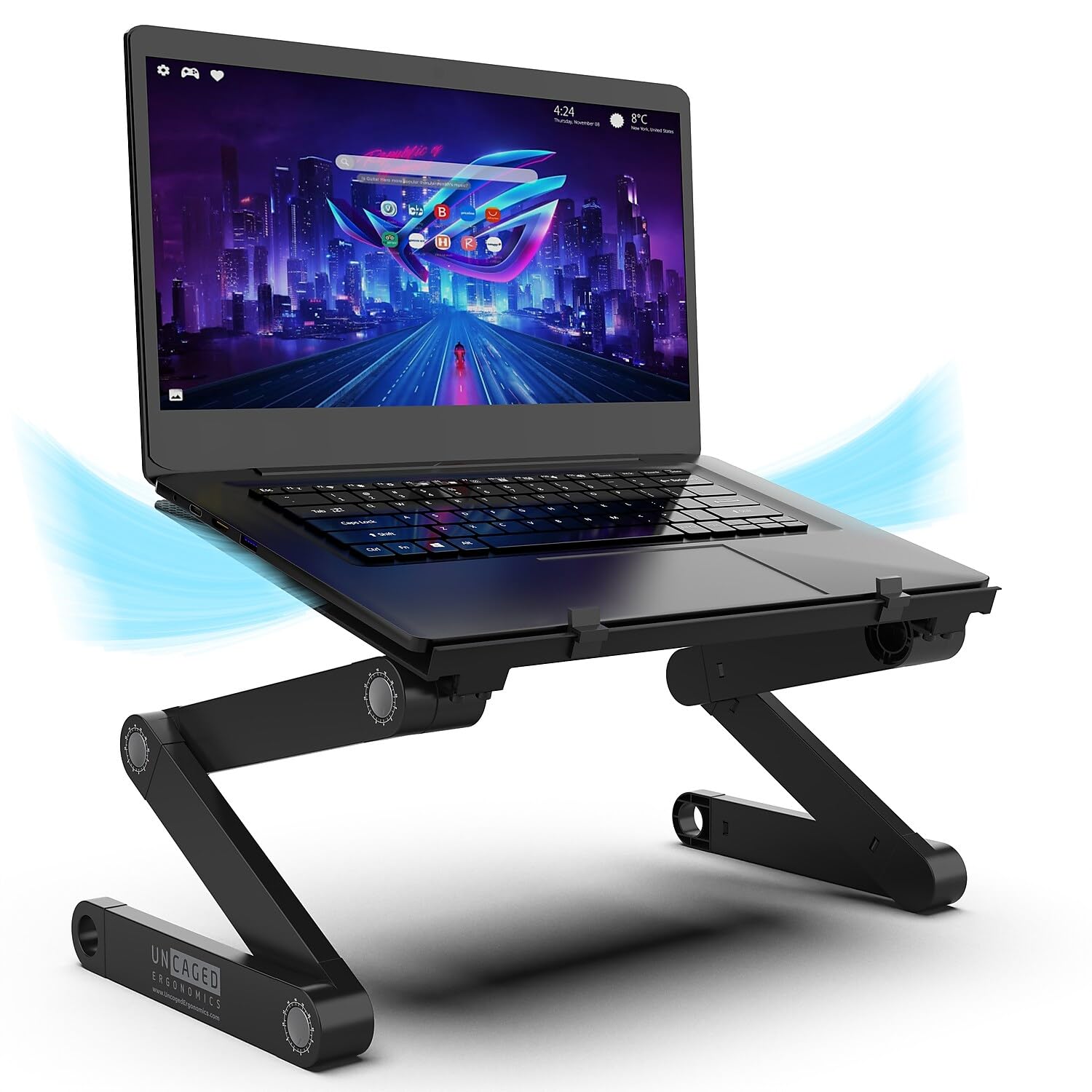 WorkEZ PROFESSIONAL Ergonomic Aluminum Laptop Cooling Stand Lap Desk Tray for Bed Couch. Foldable adjustable height angle tilt notebook computer riser folding desktop holder portable, Black