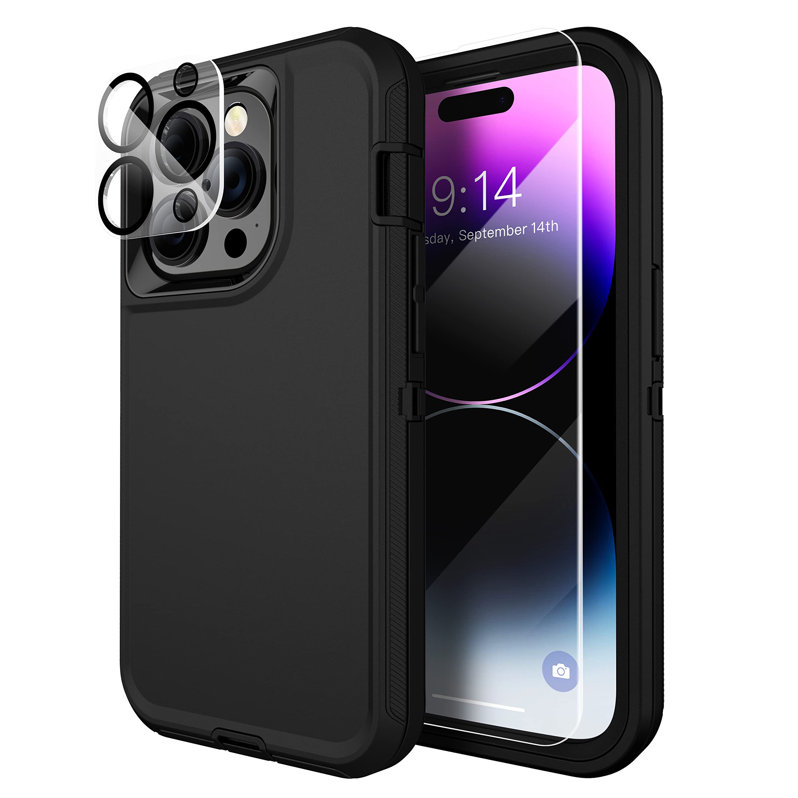 MXX Heavy Duty Made for iPhone 14 Pro Max Case with Tempered Glass Screen, Camera Lens Protector 3-Layer Full Body Protection Shockproof Dustproof Cover for 14 pro max Phone Case 6.7" (Black)