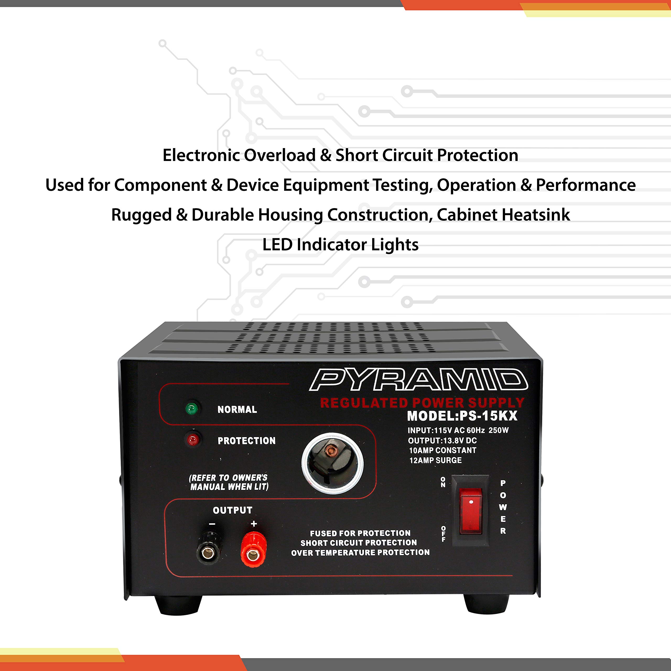 Pyramid Universal Compact Bench Power Supply - 10 Amp Linear Regulated Home Lab Benchtop AC-to-DC Converter w/ 13.8 Volt DC 115V AC 250W Input, Screw Type Terminal, 12V Car Cigarette Lighter-PS15K.5
