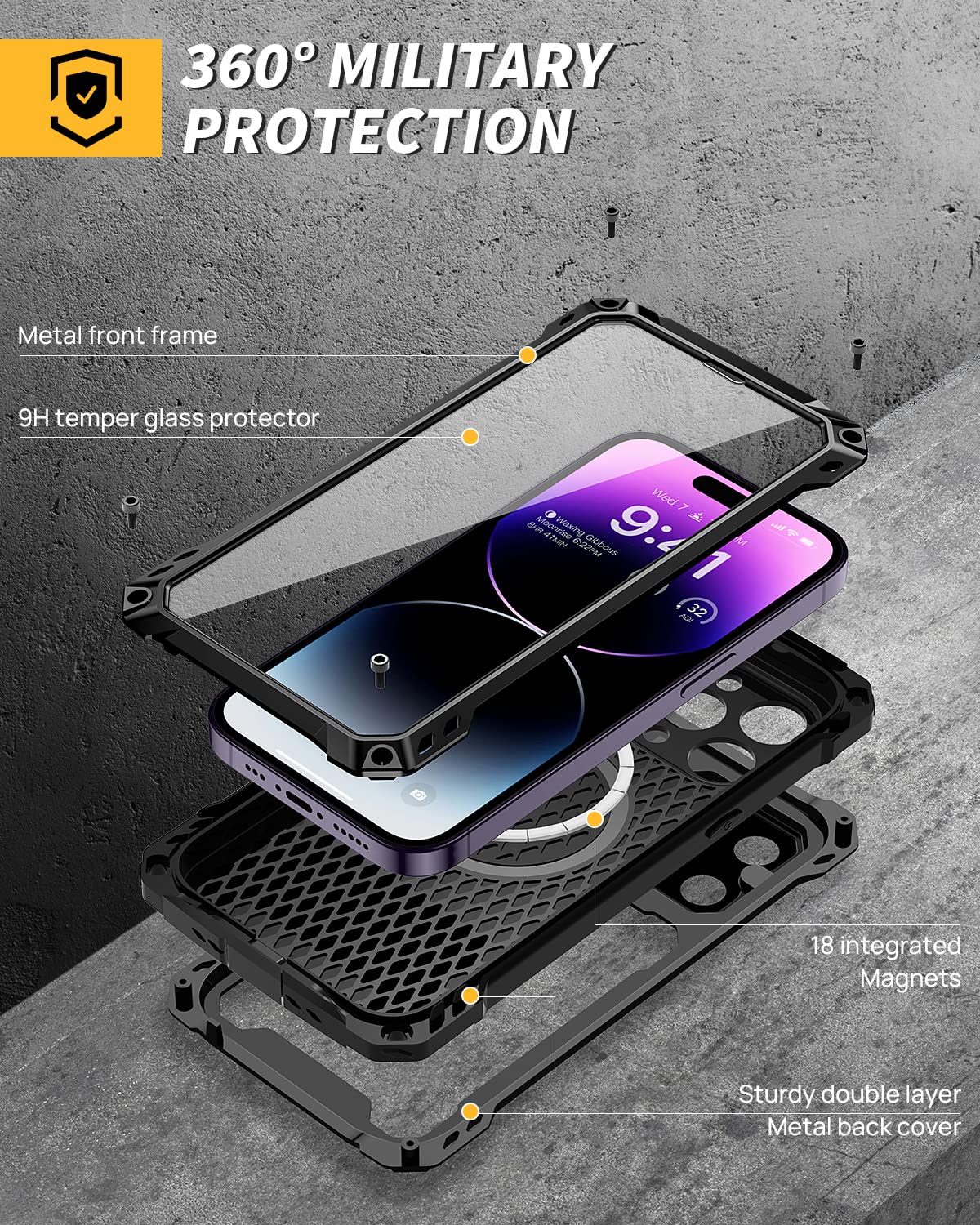 Lanhiem Magnetic for iPhone 14 Pro Max Metal Case, [Built-in Camera Kickstand & Glass Screen Protector] Heavy Duty Full Body Rugged Protective Military Magsafe Cover for iPhone 14 Pro Max 6.7" (Black)