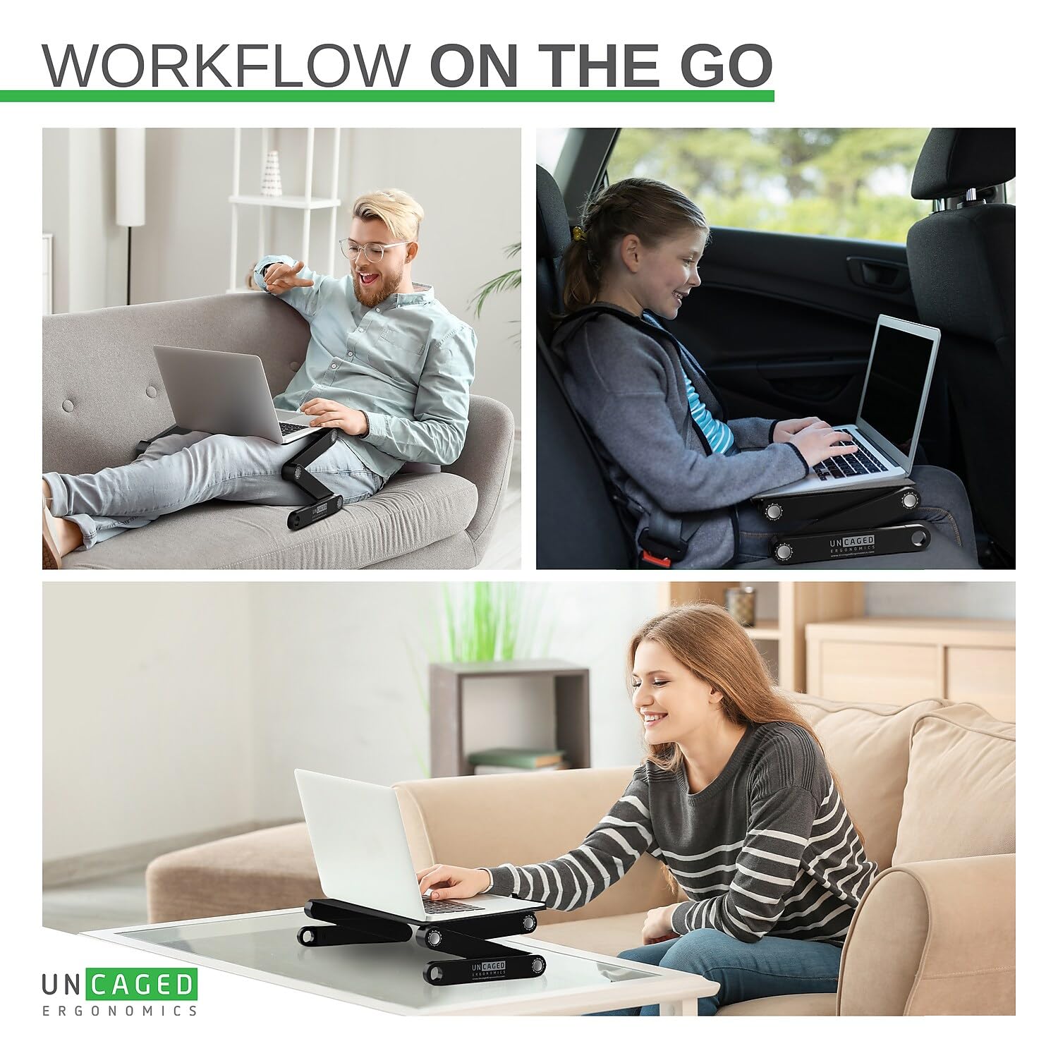 WorkEZ PROFESSIONAL Ergonomic Aluminum Laptop Cooling Stand Lap Desk Tray for Bed Couch. Foldable adjustable height angle tilt notebook computer riser folding desktop holder portable, Black