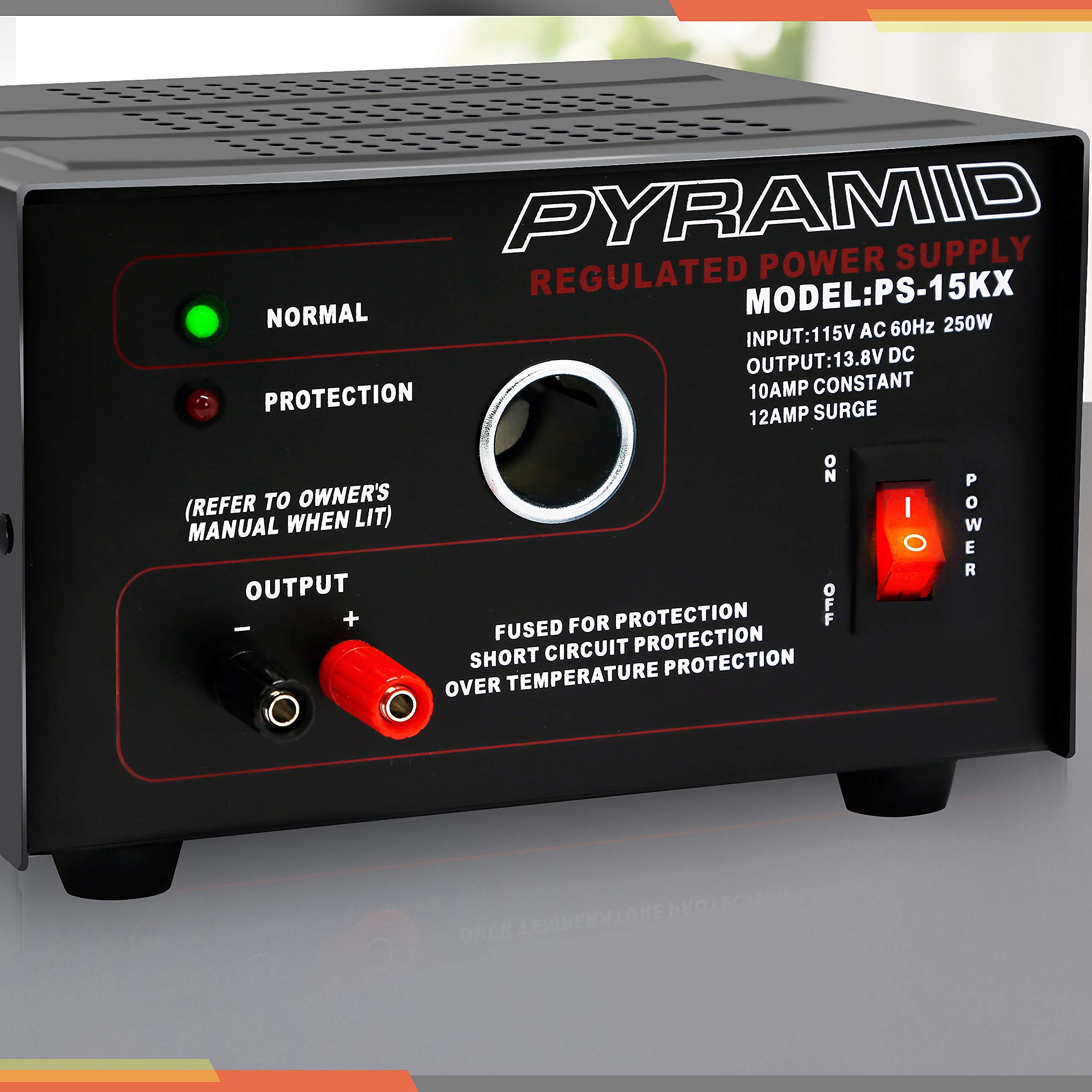 Pyramid Universal Compact Bench Power Supply - 10 Amp Linear Regulated Home Lab Benchtop AC-to-DC Converter w/ 13.8 Volt DC 115V AC 250W Input, Screw Type Terminal, 12V Car Cigarette Lighter-PS15K.5