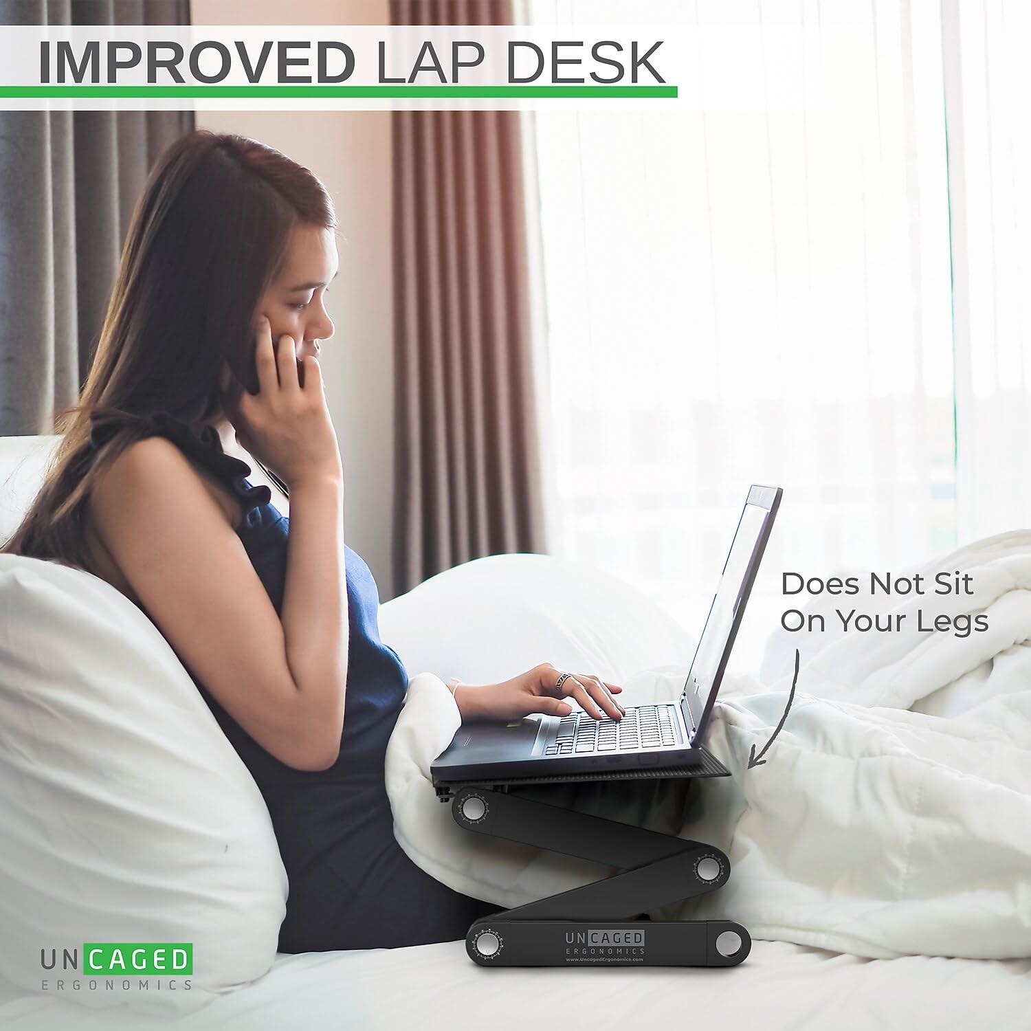 WorkEZ PROFESSIONAL Ergonomic Aluminum Laptop Cooling Stand Lap Desk Tray for Bed Couch. Foldable adjustable height angle tilt notebook computer riser folding desktop holder portable, Black