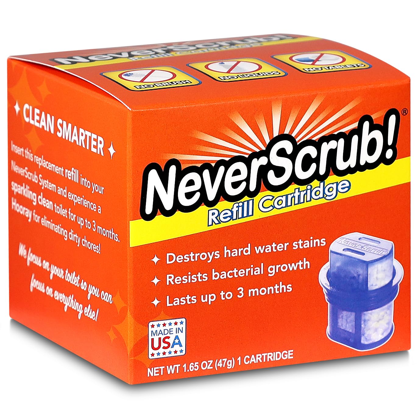 NeverScrub! Refill Cartridge Self Cleaning Toilet System - Replacement Cartridge for Automatic Toilet Bowl Cleaner - 1.65 oz, Lasts Up To 3-5 Months Continuous Toilet Bowl Cleaning