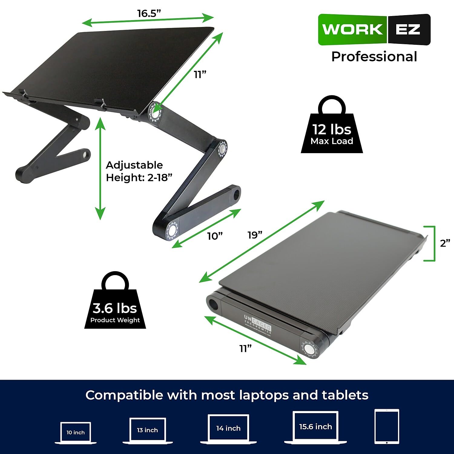 WorkEZ PROFESSIONAL Ergonomic Aluminum Laptop Cooling Stand Lap Desk Tray for Bed Couch. Foldable adjustable height angle tilt notebook computer riser folding desktop holder portable, Black