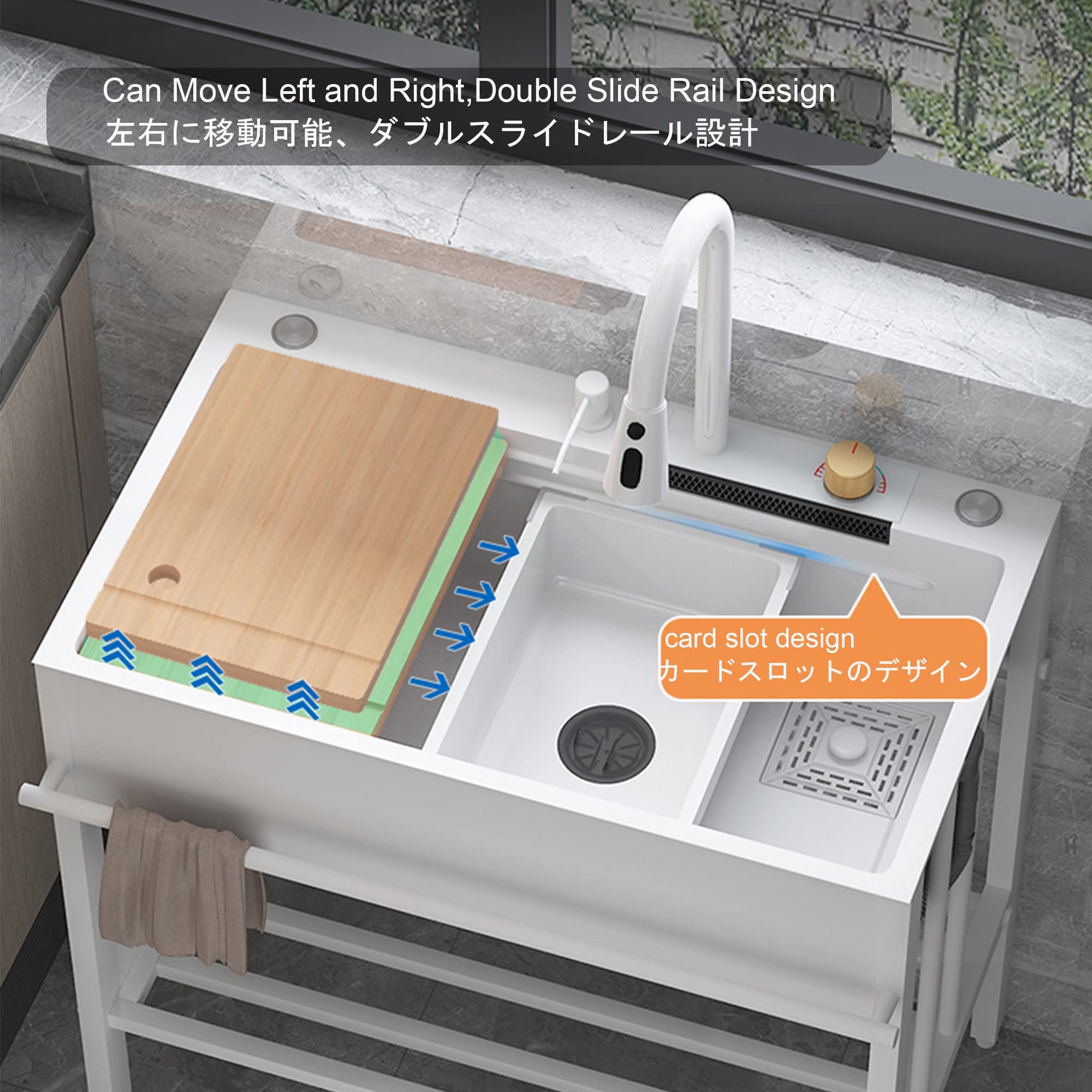 Black Utility Waterfall Sink Outdoor Stainless Steel Kitchen Sink Garage Sink Laundry Sink with Cabinet Camping Sink Single Bowl Kitchen Sinks with Raindance Waterfall Faucet and Accessories ( Color :