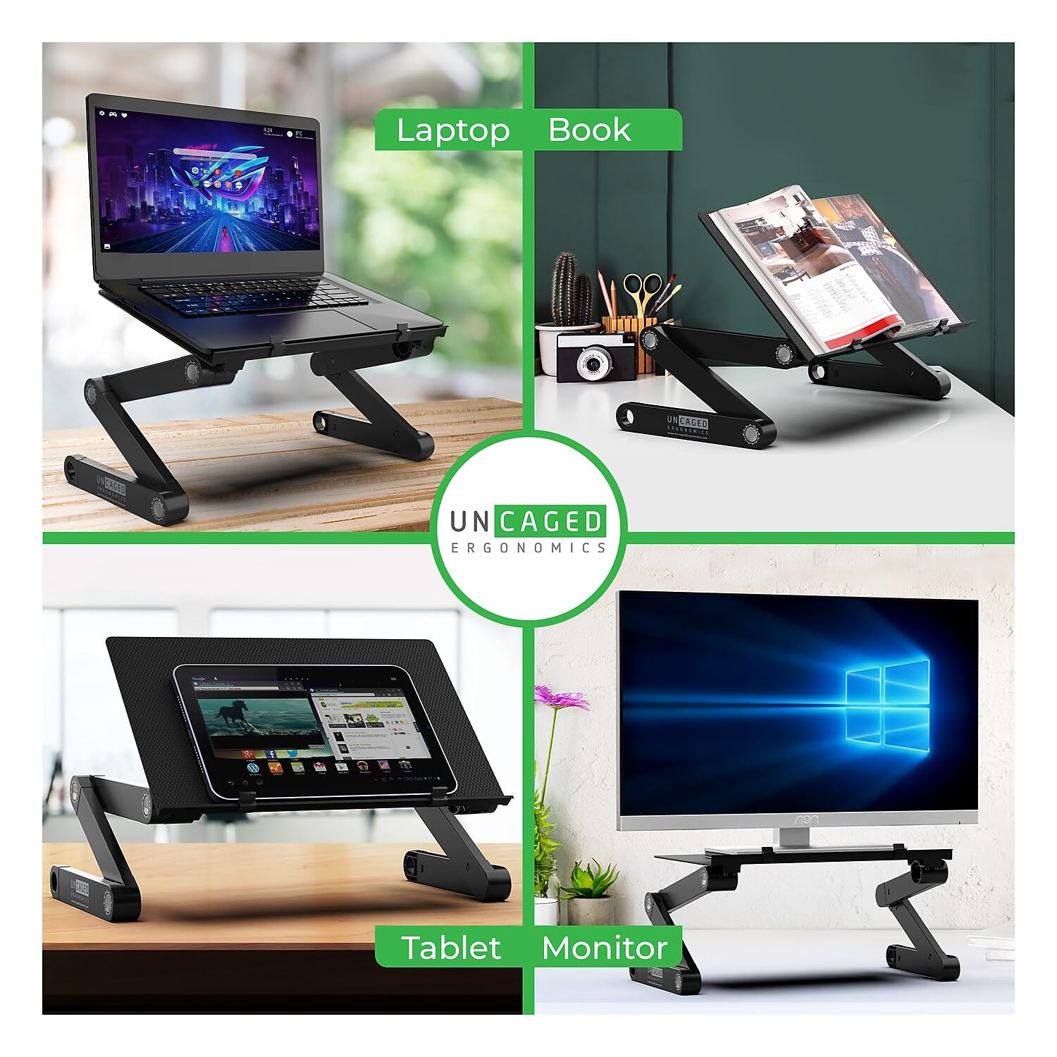WorkEZ PROFESSIONAL Ergonomic Aluminum Laptop Cooling Stand Lap Desk Tray for Bed Couch. Foldable adjustable height angle tilt notebook computer riser folding desktop holder portable, Black