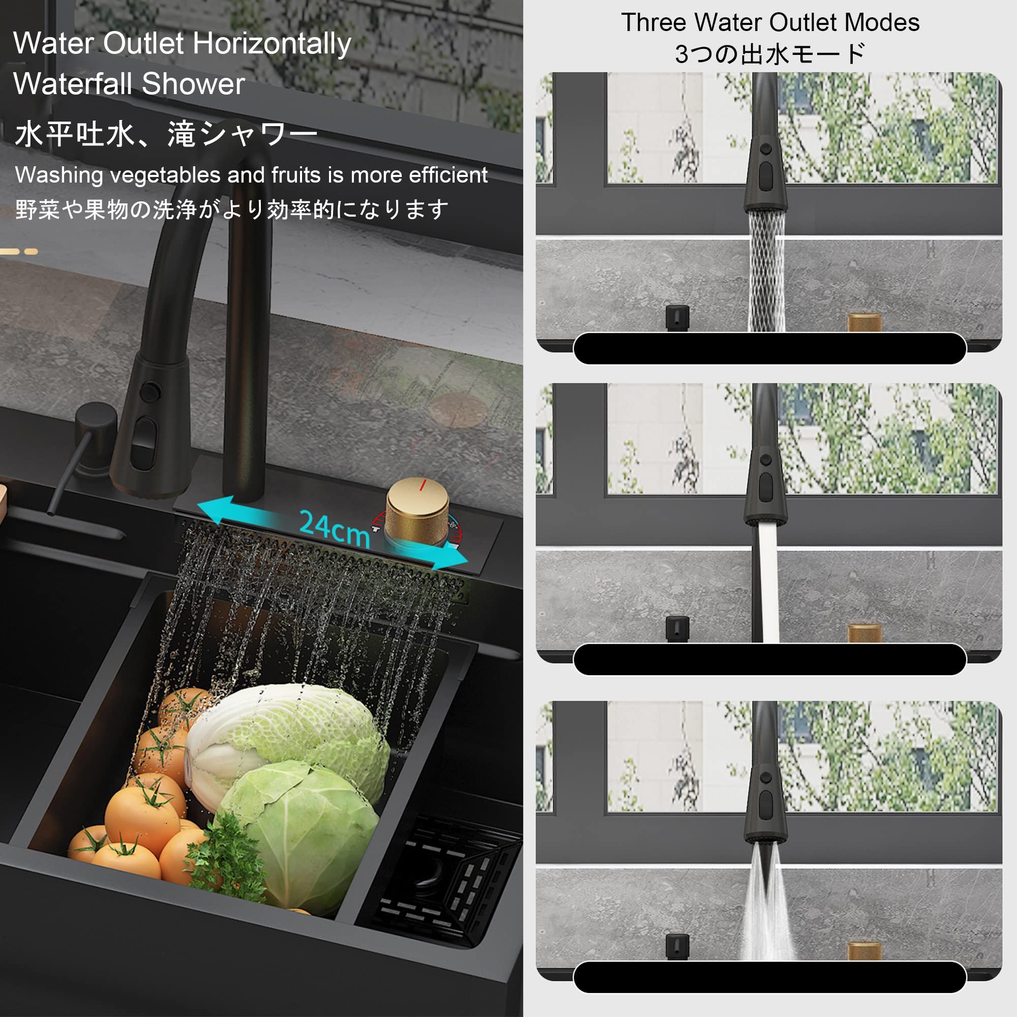 Black Utility Waterfall Sink Outdoor Stainless Steel Kitchen Sink Garage Sink Laundry Sink with Cabinet Camping Sink Single Bowl Kitchen Sinks with Raindance Waterfall Faucet and Accessories ( Color :