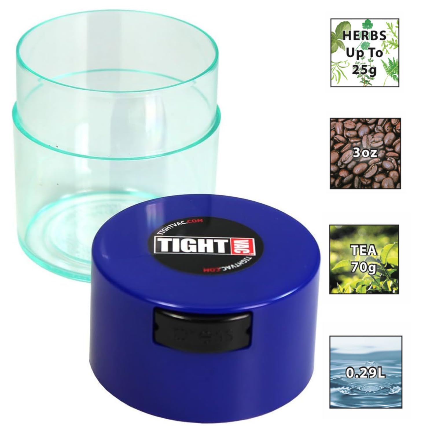 Tightvac - 1/2 oz to 3 Ounce Airtight Multi-Use Vacuum Seal Portable Storage Container for Dry Goods, Food, and Herbs - Blue Cap & Clear Body