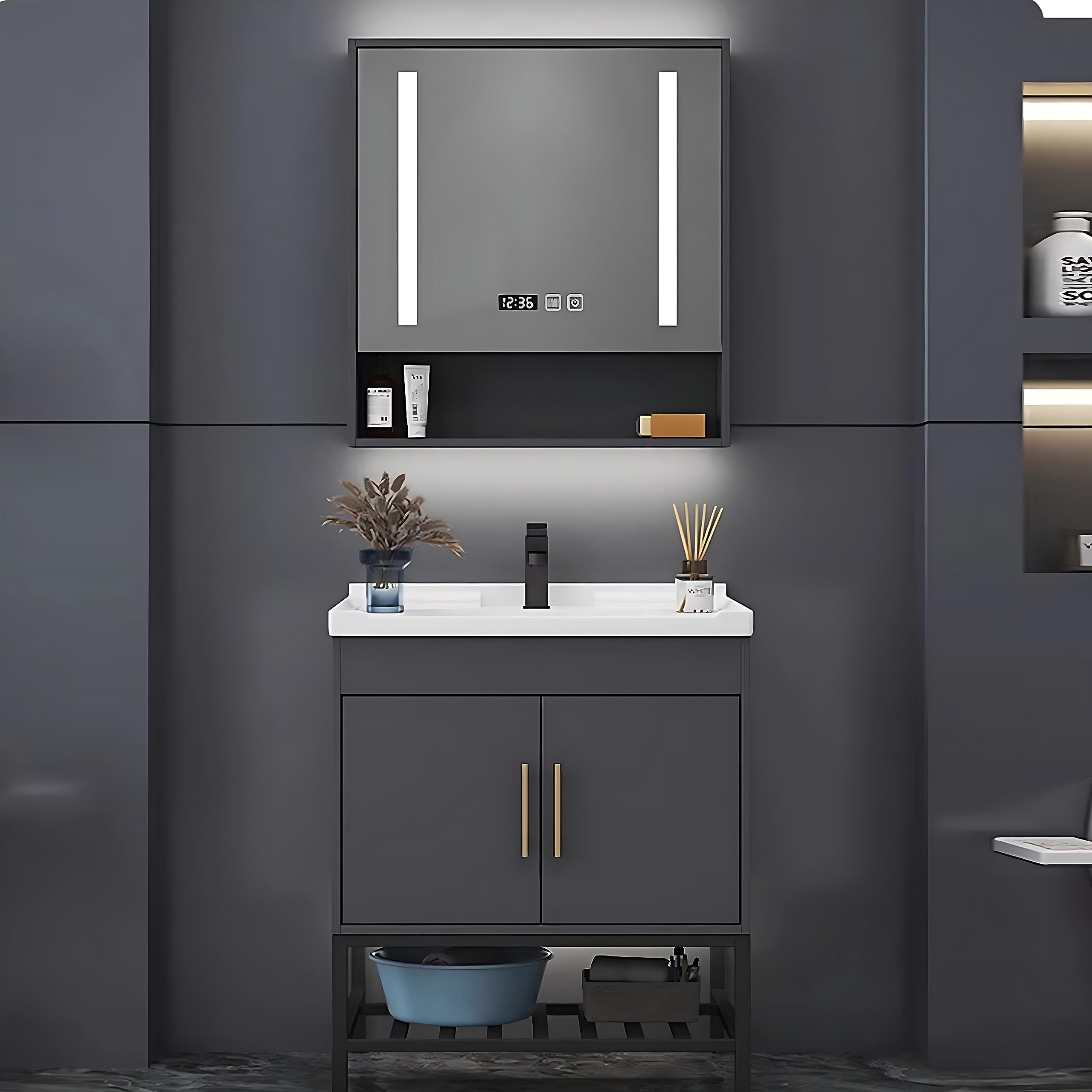 ZGNBSD Bathroom Vanity - Freestanding Bathroom Vanity with Sink & Smart Mirror, Solid Wood Bathroom Cabinet with Abundant Storage Drawers (28")