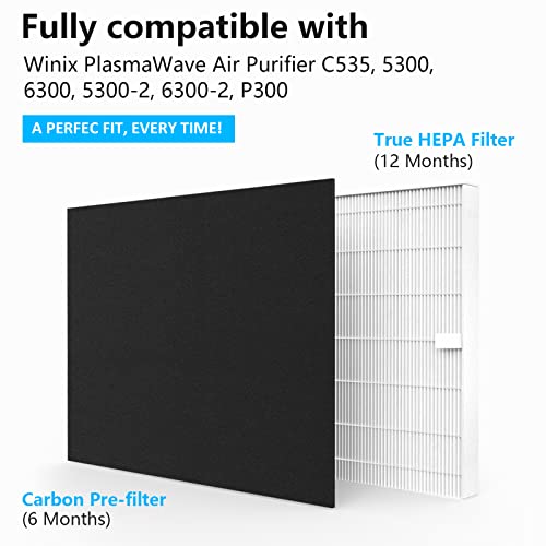 CFKREYA 115115 Filter A Replacement for Winix PlasmWave Air Puri Fier C535 5300 5300-2 6300 6300-2 5000 9000 C909 AM90, 2 HEPA Filter and Washable Pre-Filter and 4 Carbon Filter
