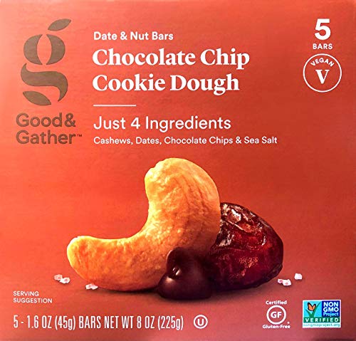 Organic Vegan Chocolate Chip Cookie Dough Date and Nut Nutrition Bars Gluten Free Chewy Healthy Snack with Calcium, Iron and Potassium, 5 Bars…