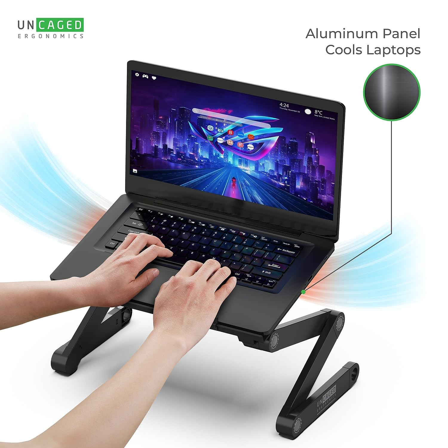 WorkEZ PROFESSIONAL Ergonomic Aluminum Laptop Cooling Stand Lap Desk Tray for Bed Couch. Foldable adjustable height angle tilt notebook computer riser folding desktop holder portable, Black