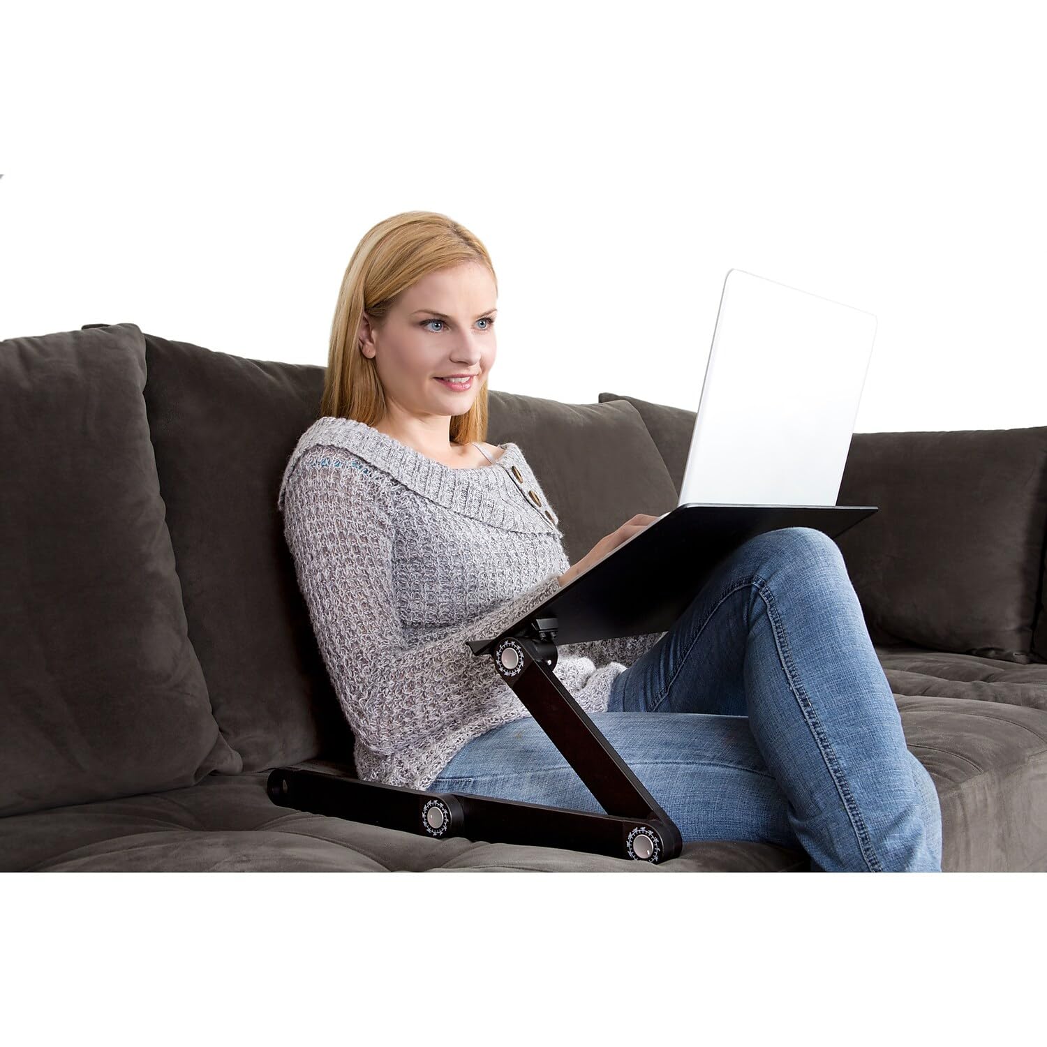 WorkEZ PROFESSIONAL Ergonomic Aluminum Laptop Cooling Stand Lap Desk Tray for Bed Couch. Foldable adjustable height angle tilt notebook computer riser folding desktop holder portable, Black