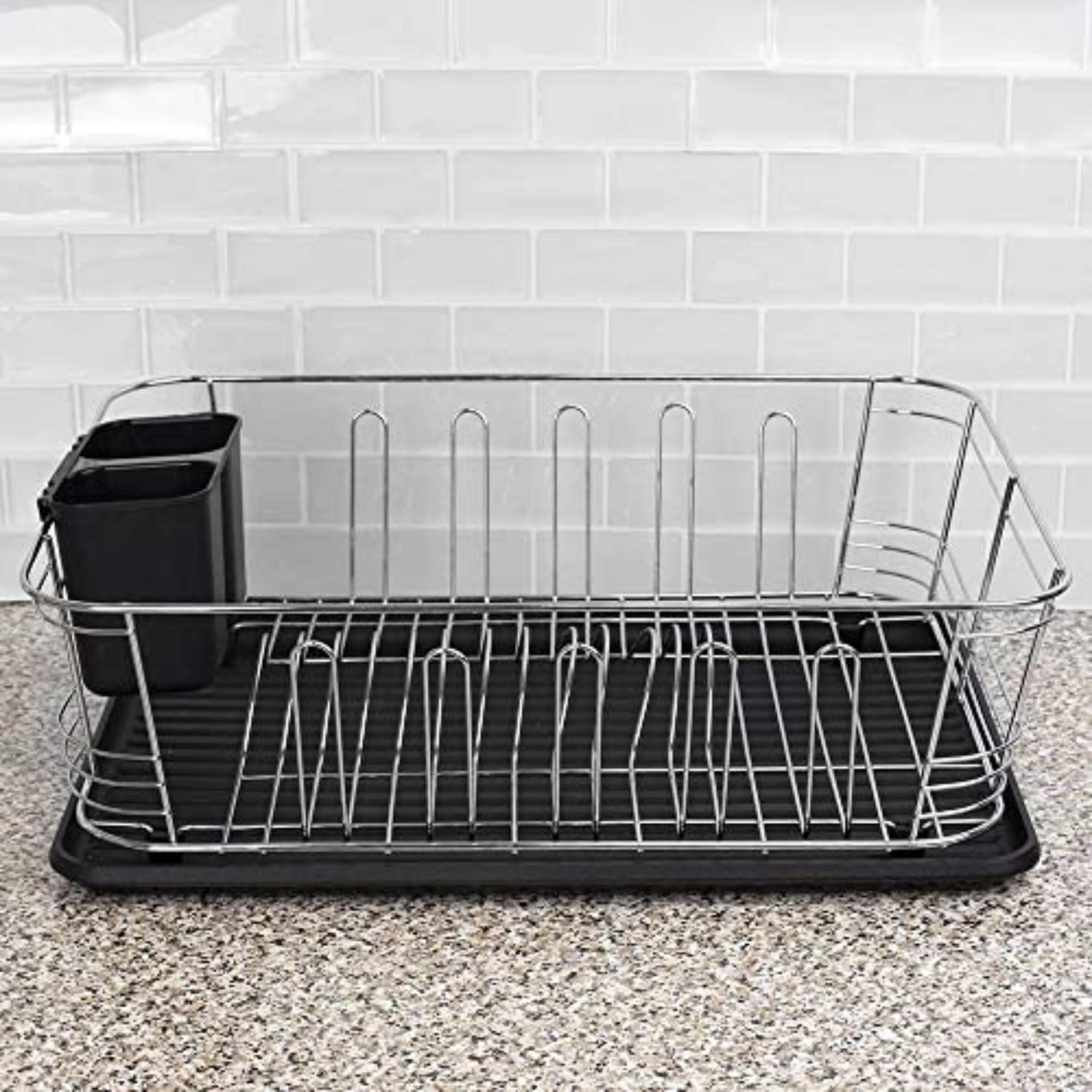 JOEY'Z Large Black Contempo 3 Piece Dish Rack Sink Set with Removable Drainboard, Cup Holders & Utensil Holder - Heavy Duty Chrome Coated Wire - 17.5" x 13.5" x 5.5"