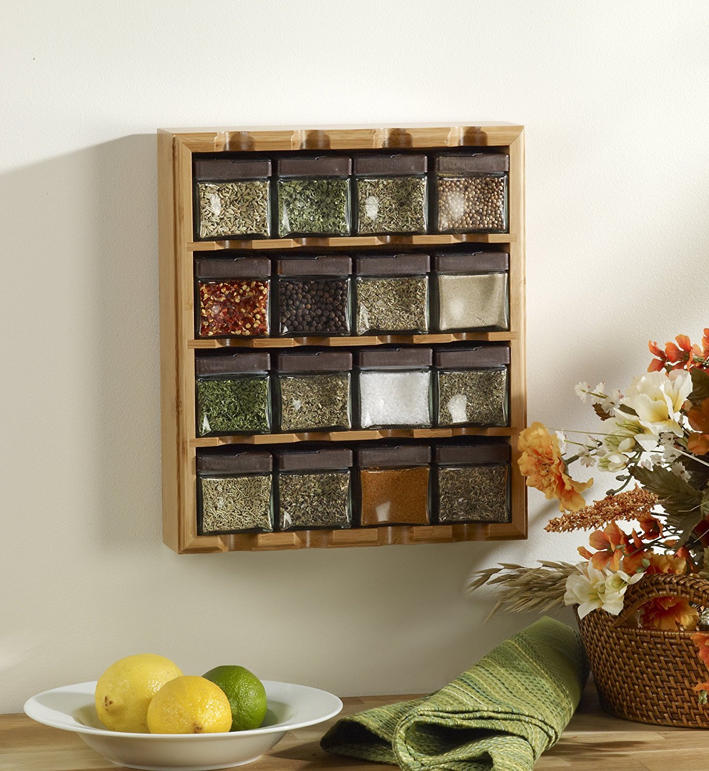 Kamenstein Bamboo Wood 16 Jar Decorative Countertop Spice Rack, with Cube Jars on shelves, Pre FIlled SPice, Filled in the USA, 5 Year Free Refills, Removable Sifter Caps with easy to refill