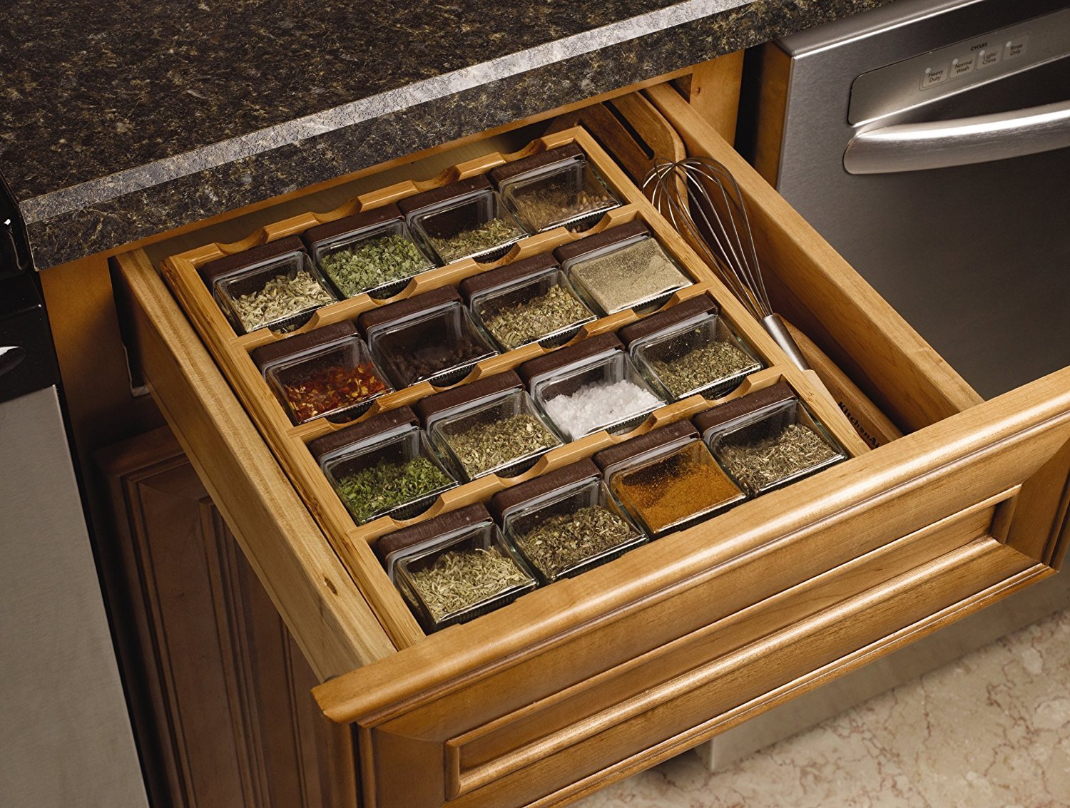 Kamenstein Bamboo Wood 16 Jar Decorative Countertop Spice Rack, with Cube Jars on shelves, Pre FIlled SPice, Filled in the USA, 5 Year Free Refills, Removable Sifter Caps with easy to refill