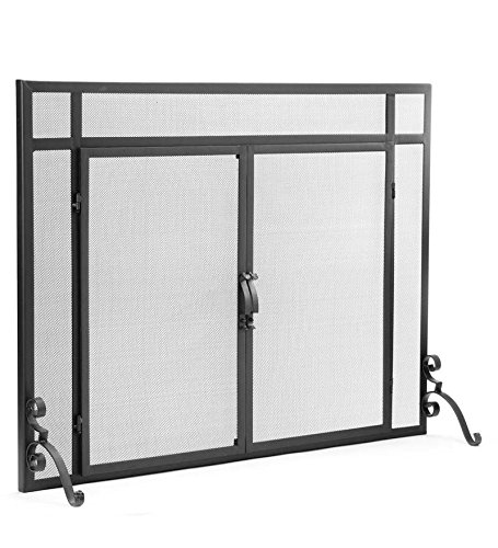 Plow & Hearth Metal Fireplace Screen Flatguard Black | 44" W x 33" H | 2 - Door | Spark Guard Indoor Grate | Iron Fire Place Cover | Wood Burning Stove Decorative Accessories