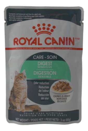 Royal Canin Chunks in Gravy Cat Food 2 Flavor 6 Pouch Sampler, (3) Each: Digest Sensitive, Weight (3 Ounces) - Plus Catnip Toy and Fun Facts Booklet Bundle