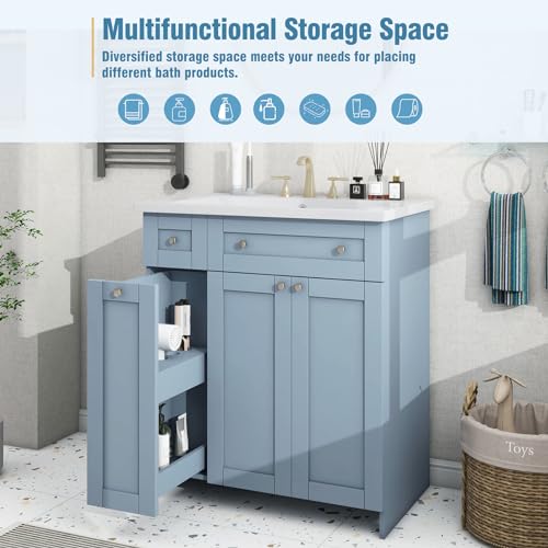 PrimaevalColossus 30" Modern Bathroom Vanity with Sink Combo, Freestanding Bathroom Vanity with Resin Sink Single Bathroom Cabinet Set with Soft Closing Doors & Drawers, Blue