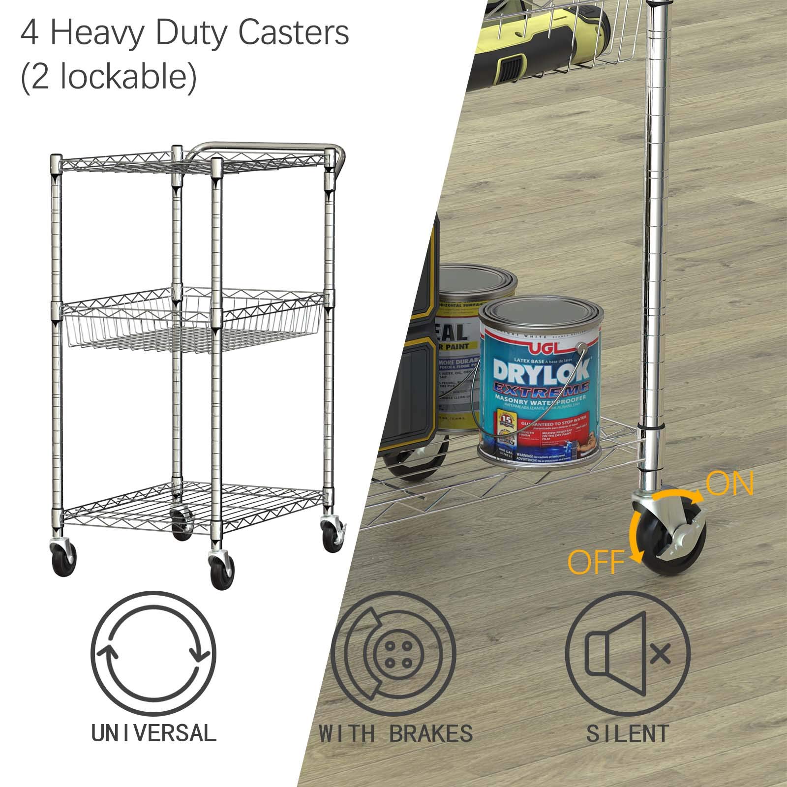 Giantex 3-Tier Rolling Utility Cart, Kitchen Island Cart on Wheels, with Handle Bar, Adjustable Shelves, Wire Mesh Microwave Cart for Utensils or Tableware, Commercial Grade Serving Cart (Silver)