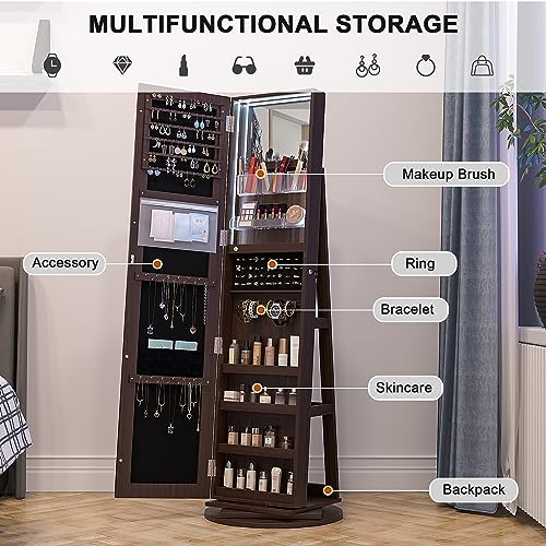 HNEBC LED Light Jewelry Organizer - 360° Rotating Armoire with Mirror, Full Length Cabinet for Jewelry Storage - Large Dark Brown Box Compatible with Alexa/Google Assistant