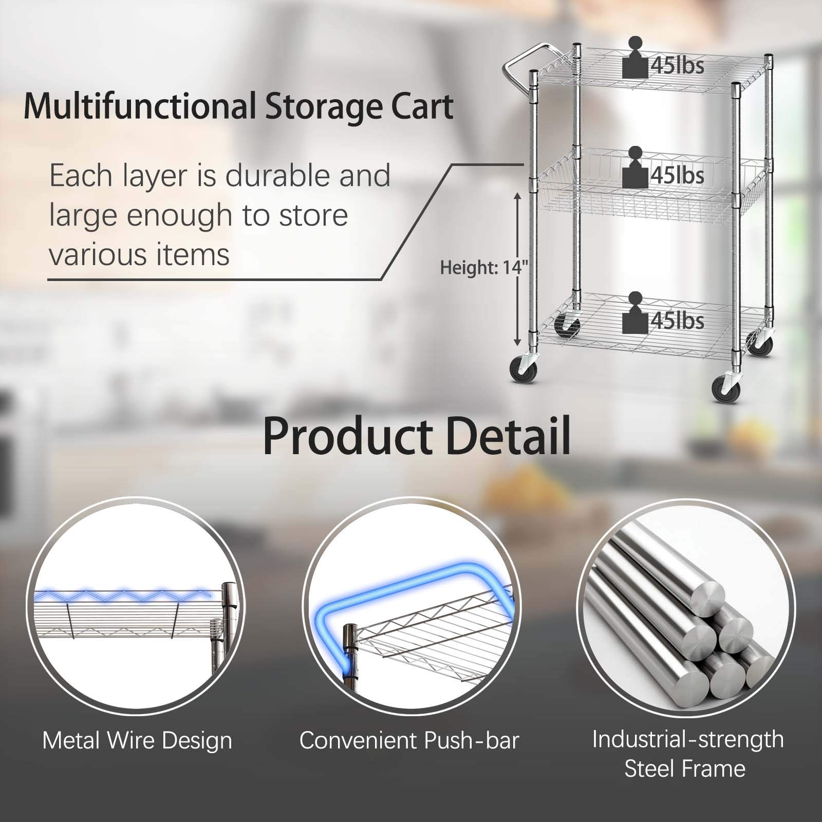 Giantex 3-Tier Rolling Utility Cart, Kitchen Island Cart on Wheels, with Handle Bar, Adjustable Shelves, Wire Mesh Microwave Cart for Utensils or Tableware, Commercial Grade Serving Cart (Silver)